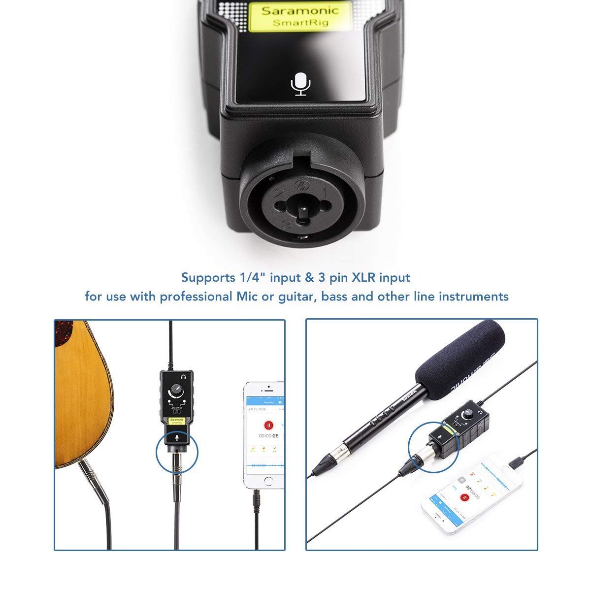 Saramonic SmartrigII XLR Microphone & 6.3mm Guitar Adapter with Phantom Power Preamp Amplifier Compatible with iPhone 12 11 x 8 iPad iPod, Android Smartphone and Guitar