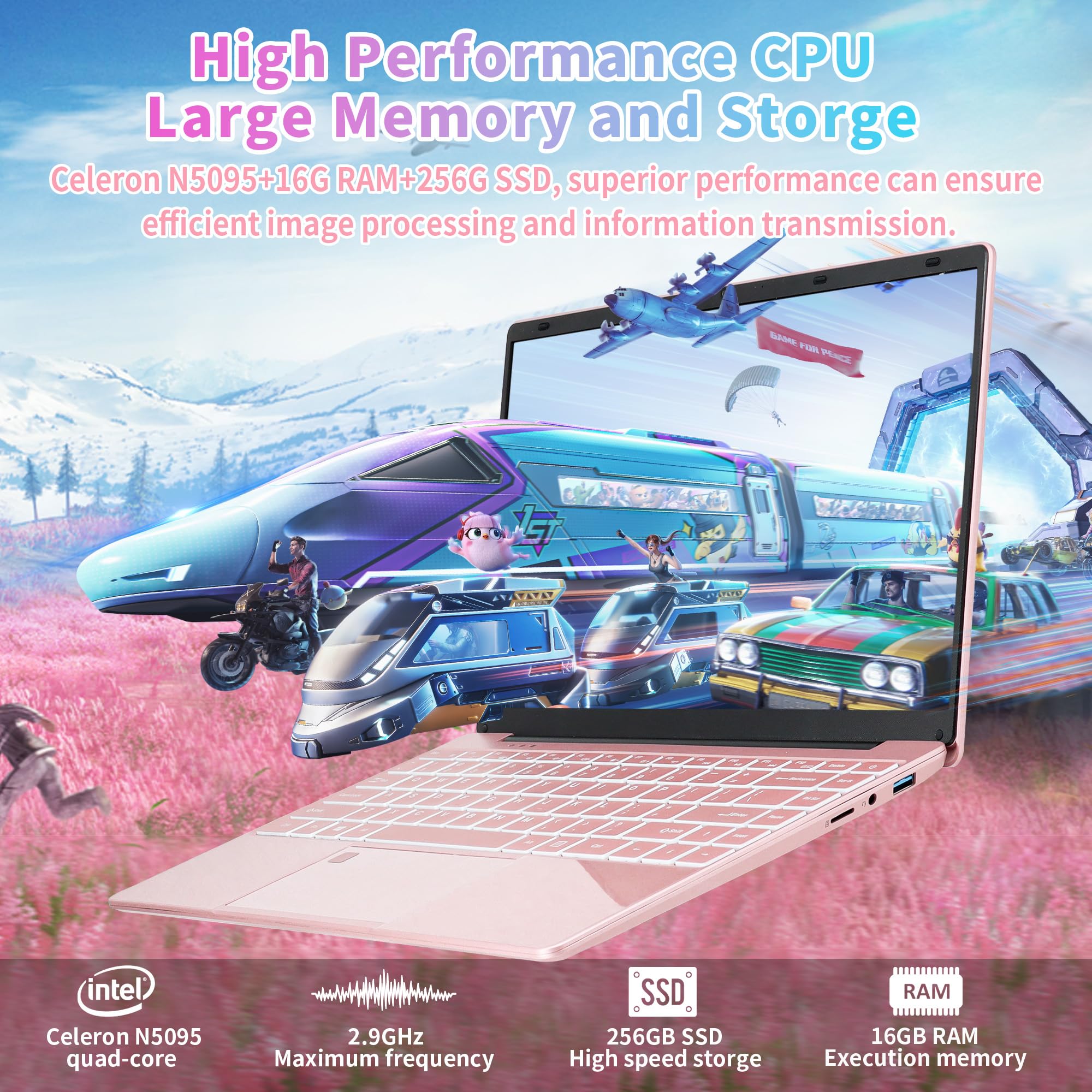 Rumtuk 【Win 11 Pro/Office 2019】4K Laptop 14'' Narrow Bezel UHD (3840x2160) IPS Display,Celeron N5095 CPU,16GB RAM,256GB SSD,Color Backlit KB,Fingerprint Reader,WIFI,Bluetooth,HDMI,Rose Gold(16G+256G)