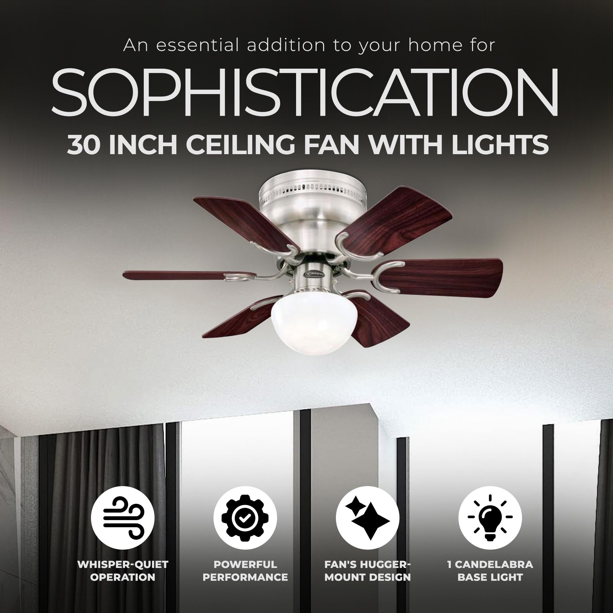 Westinghouse Hadley 30 Inch Brushed Nickel Finish Ceiling Fan with 6 Reversible Blades and Bowl Light Kit with 1 Candelabra Base Light Bulb
