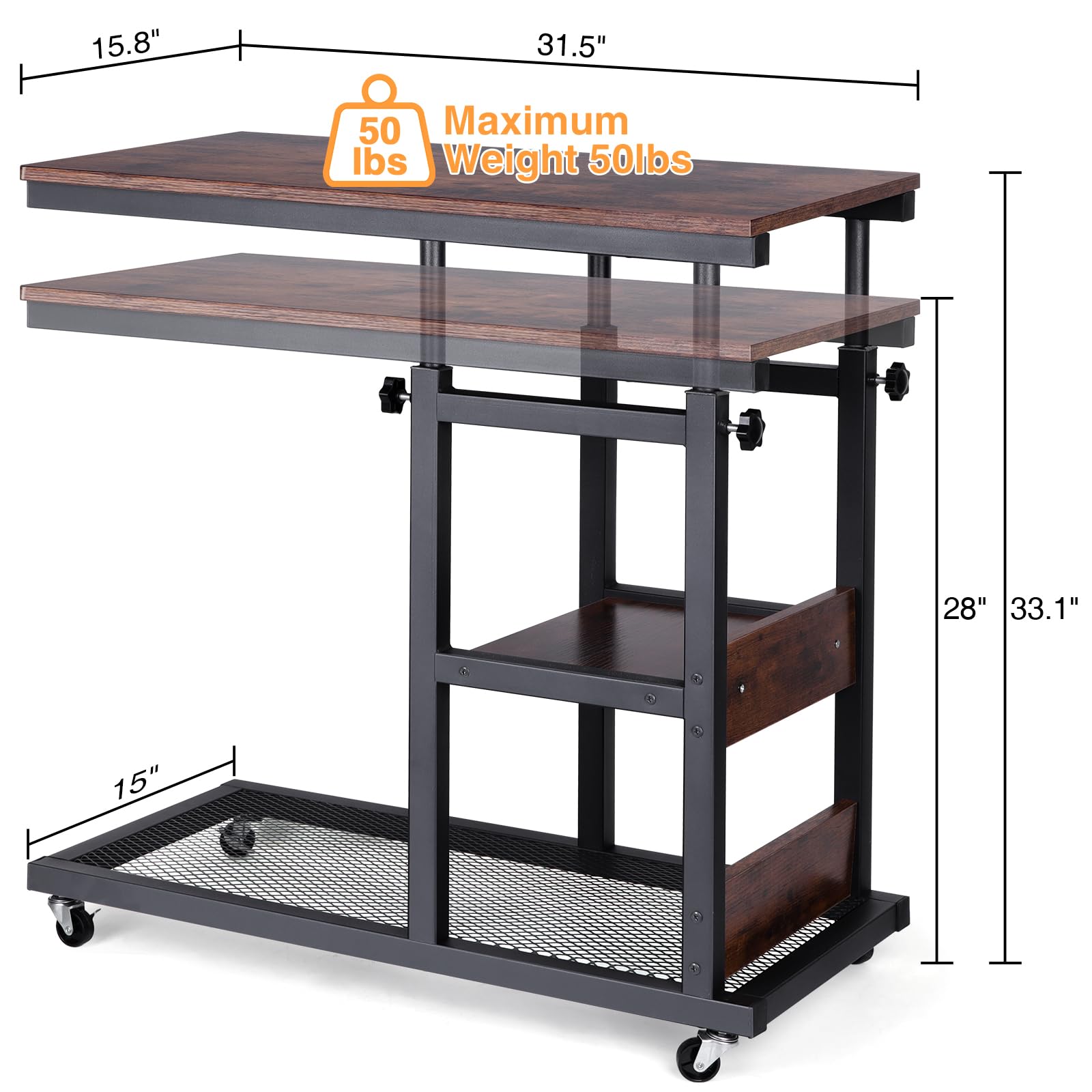RUNTOP Height Adjustable Side Table, C Table with Wheels, Mobile Couch Snack Side Table, Sofa Bedside Laptop Stand C Shaped End Table TV Tray with Storage Shelves for Bed, Living Room, Bedroom, Brown