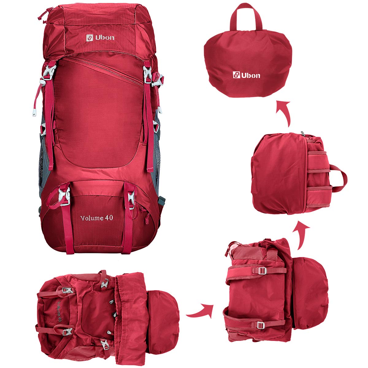 Ubon 40L Packable Backpack Lightweight Water Resistant Daypack Ultralight Foldable Backpack Fits Women Men for Hiking Travel Red