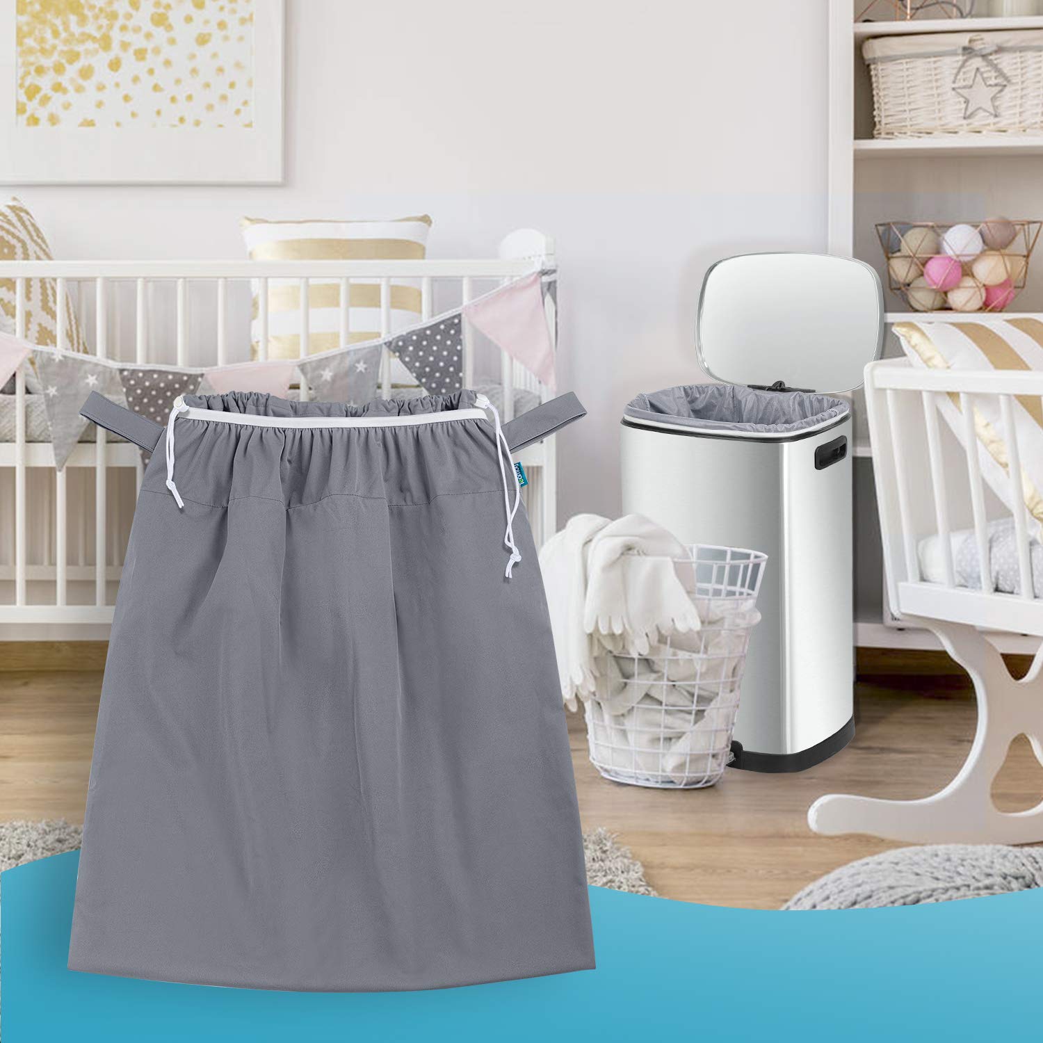 Teamoy 2 Pack Pail Liner for Cloth Diapers, Reusable Diaper Pail Bag with Elastic Band and Drawstring, Fits for 13.2 Gallon Trash Can and Diaper Pails, Gray Arrow + Gray