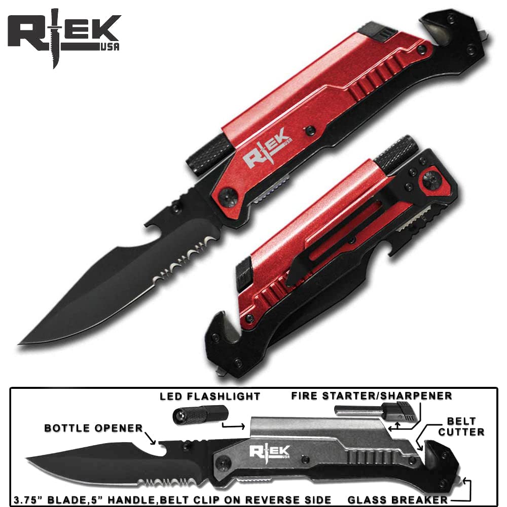 Rtek 9" Tactical Spring Assisted Red Survival 7 in 1 Rescue Pocket Knife LED Light Fire Starter Blade Sharpener Bottle Opener Glass Breaker Belt Cutter (Red)