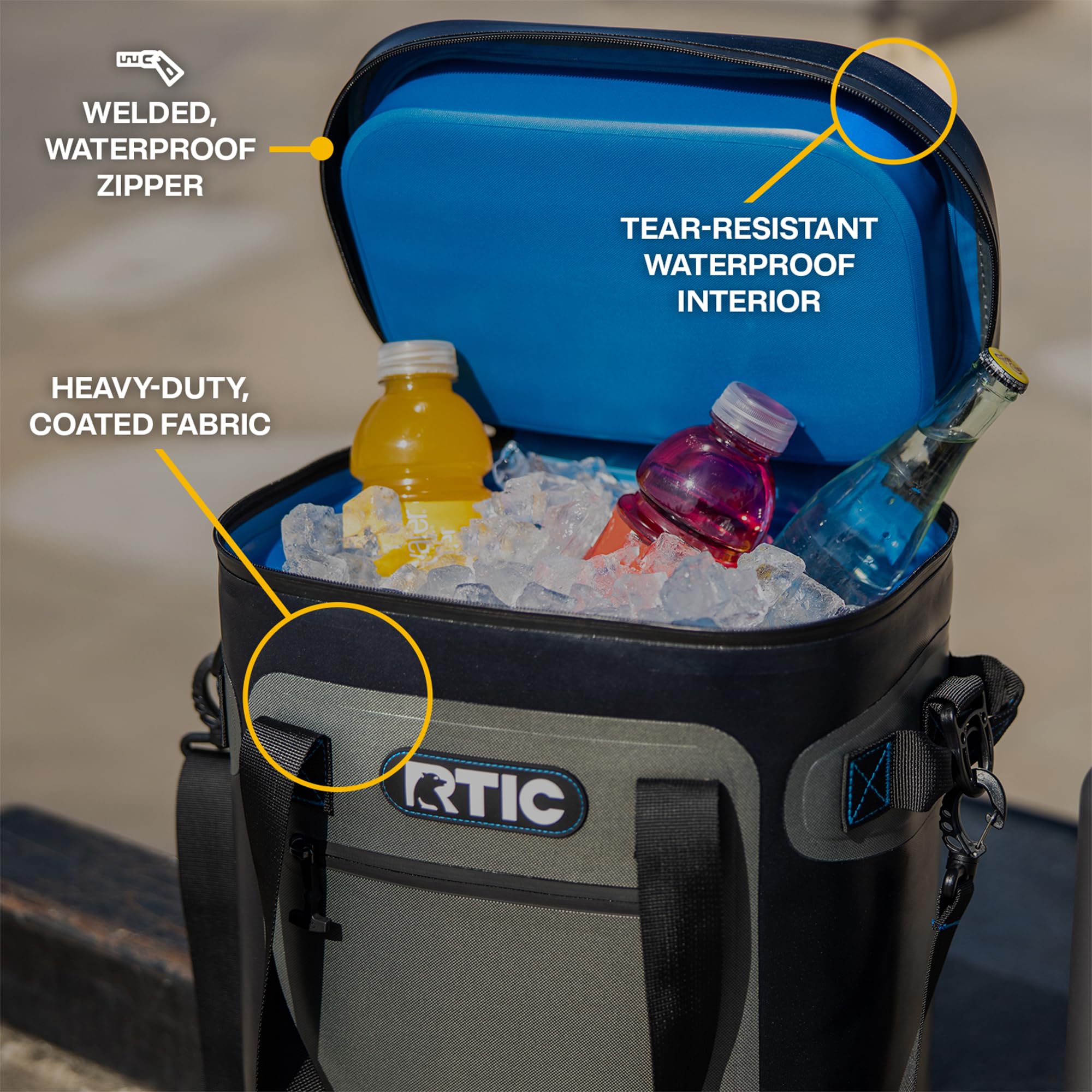 RTIC Soft Cooler 30 Can, Insulated Bag Portable Ice Chest Box for Lunch, Beach, Drink, Beverage, Travel, Camping, Picnic, Car, Trips, Floating Cooler Leak-Proof with Zipper, Blue/Grey