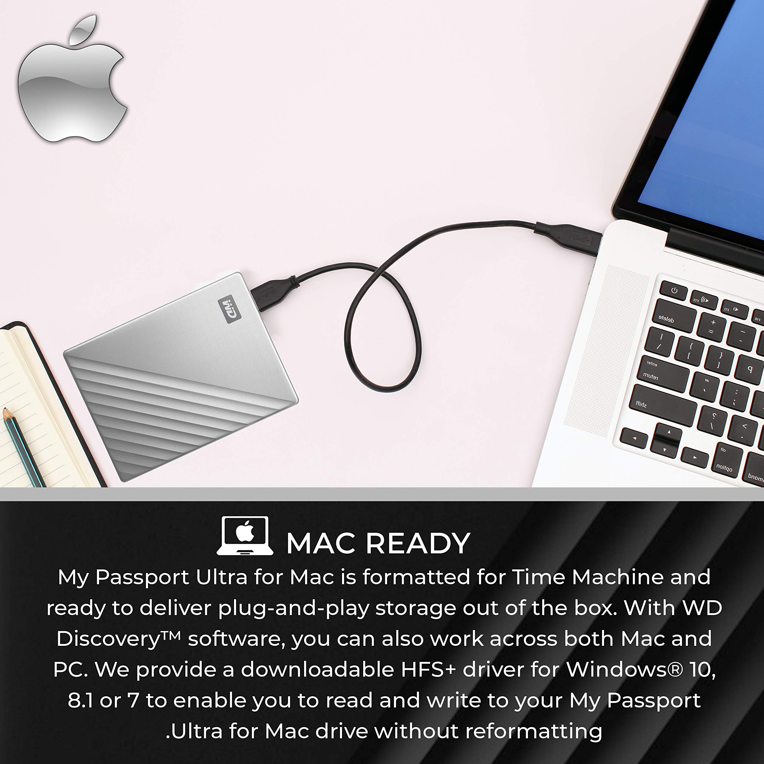 WD 4TB My Passport for Mac USB 3.0 Slim Portable External Hard Drive (Silver) + Compact Hard Drive Case (Black) (4TB, Silver)