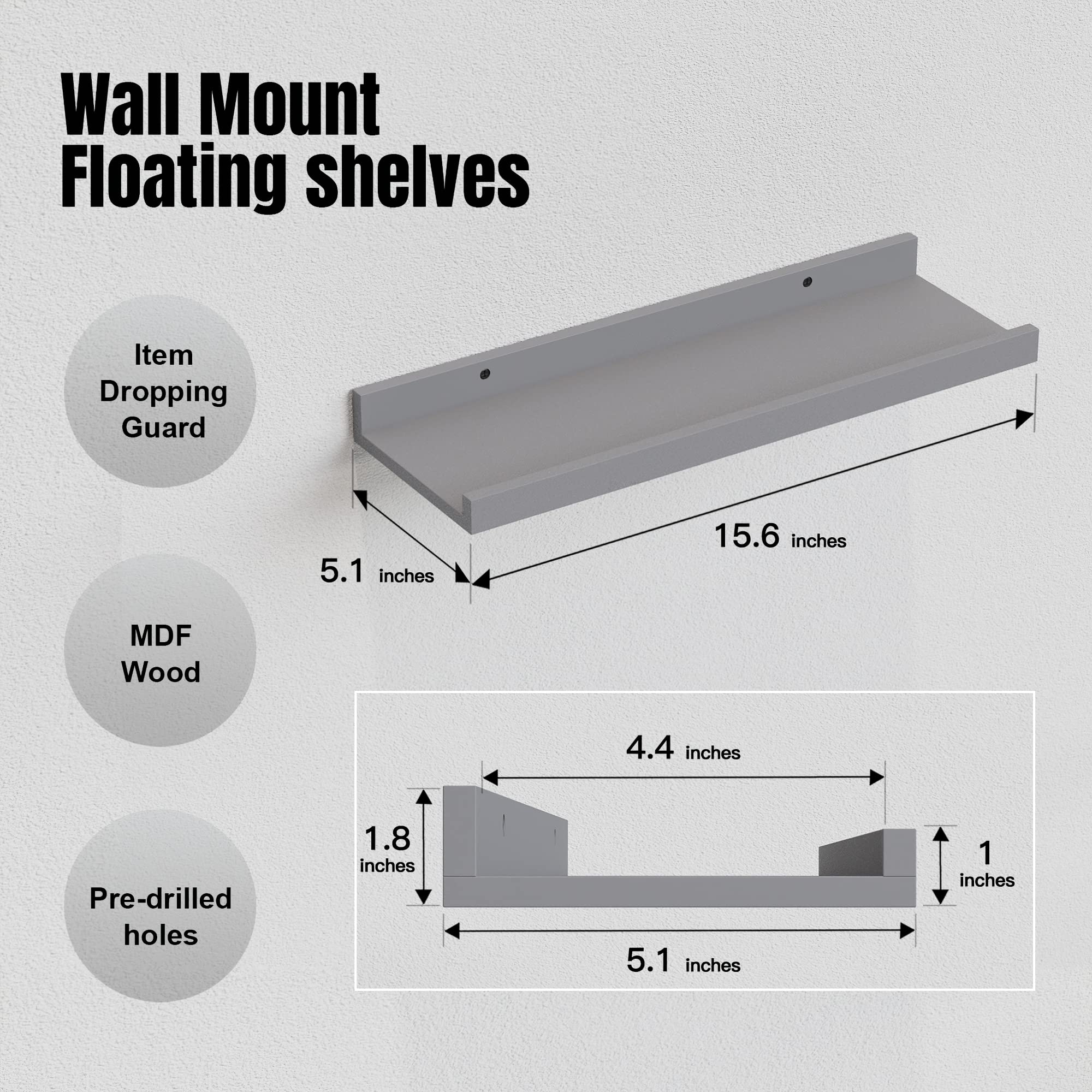 RICHER HOUSE 8 Set Floating Wall Mounted Shelves, Nursery Hanging Book Shelves with Lip for Storage, Gray Display Picture Ledge Shelf for Bedroom Bathroom Kitchen Living Room Wall Decor, Modern Grey