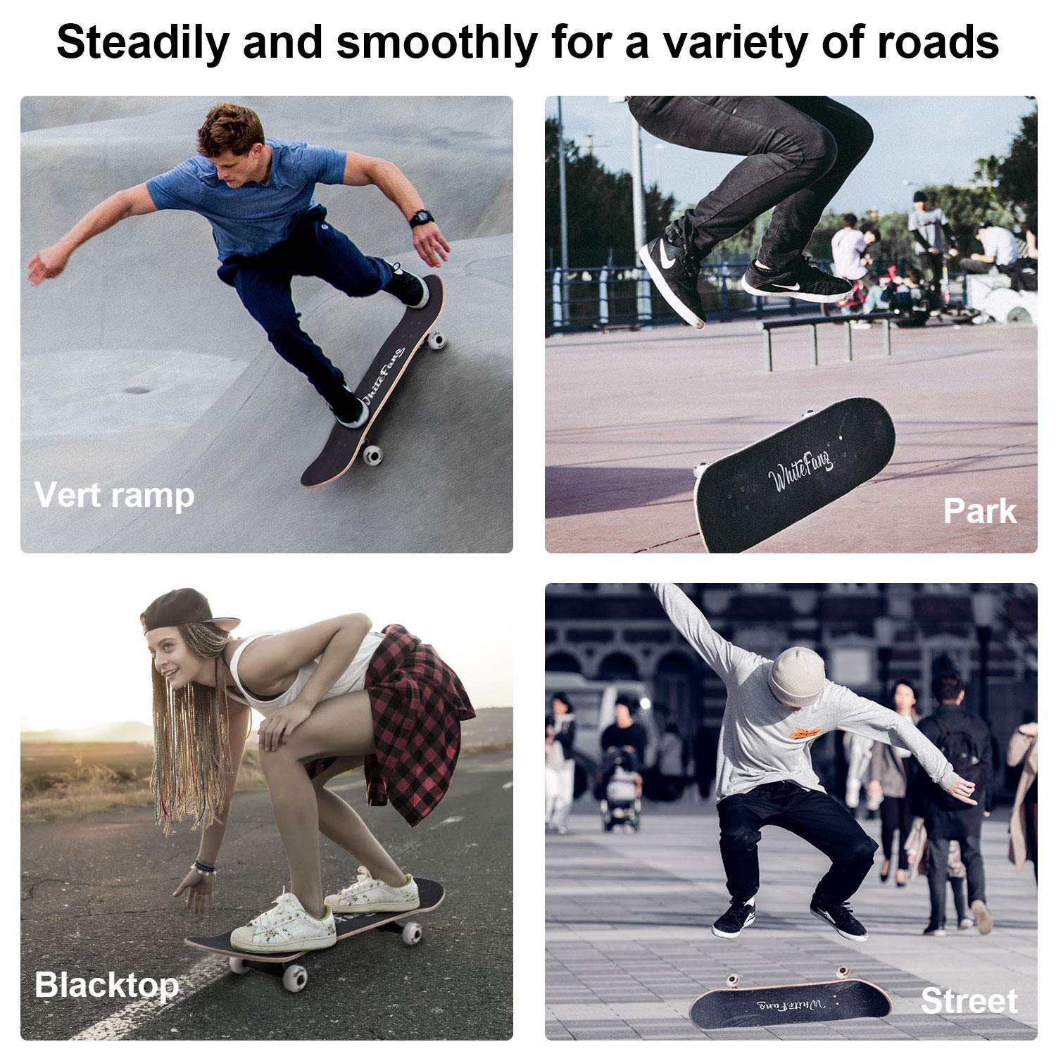 WhiteFang Skateboards for Beginners, Complete Skateboard 31 x 7.88, 7 Layer Canadian Maple Double Kick Concave Standard and Tricks Skateboards for Kids and Beginners (Skate Lane)