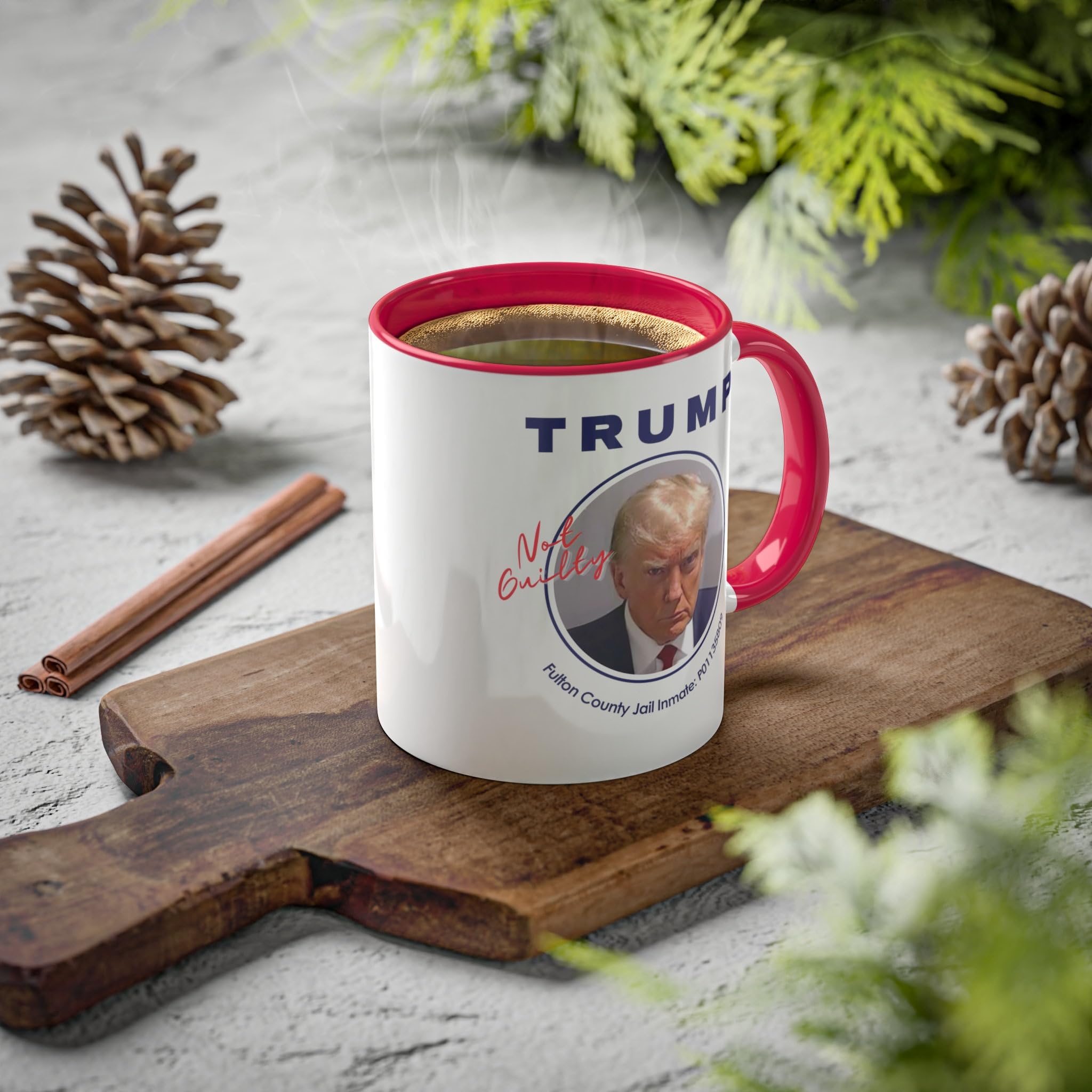 Two Sided 15oz Trump Mugshot Mug - Trump Not Guilty Inmate No. P01135809 Ceramic Coffee Mug - Gift for Any Trump-Loving Conservative (Blue)