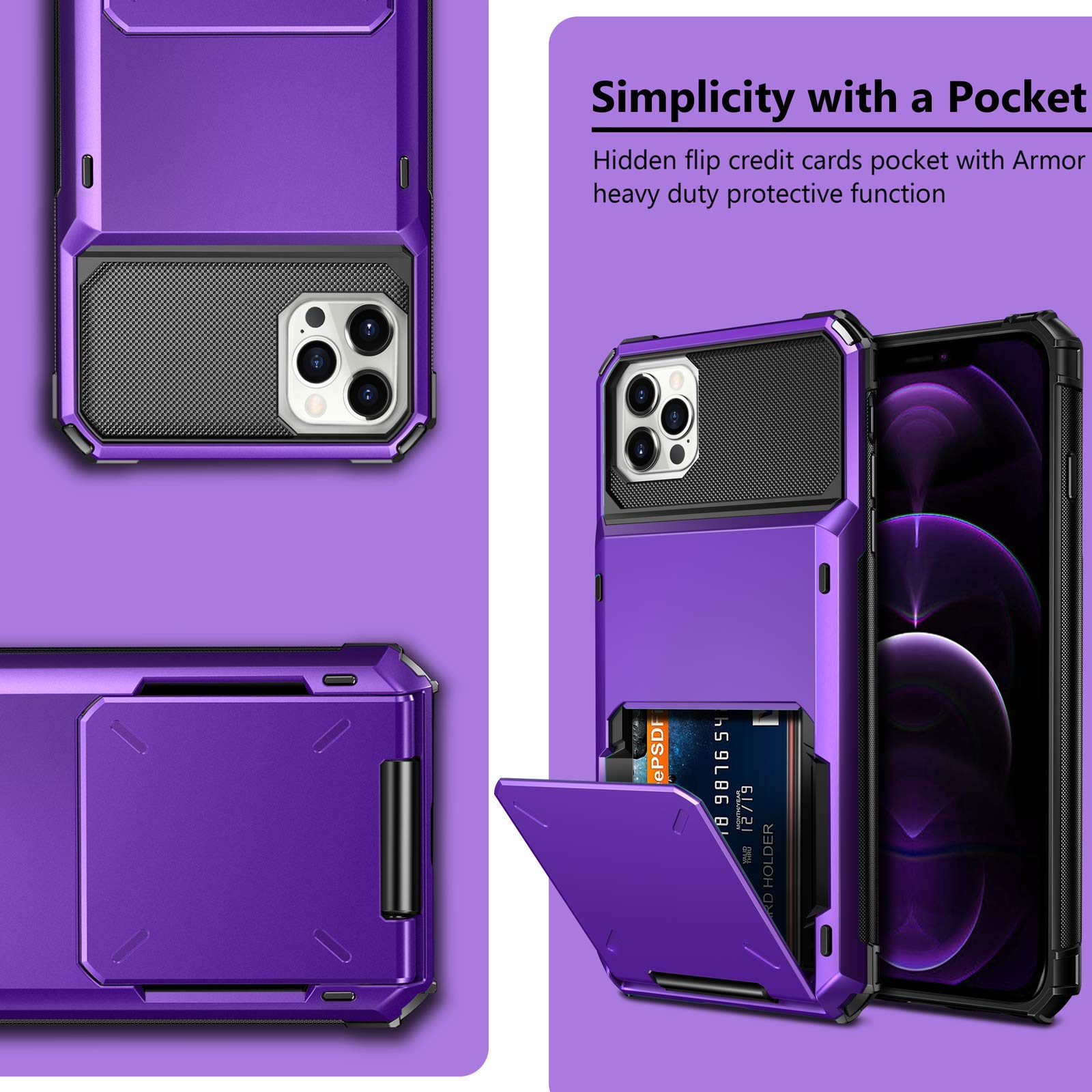 Vofolen Compatible with iPhone 12 Pro Max Case 5G Wallet 4-Card Slot Credit Card Holder Flip Hidden Pocket Dual Layer Hybrid TPU Bumper Armor Protective Hard Shell Back Cover (Purple)