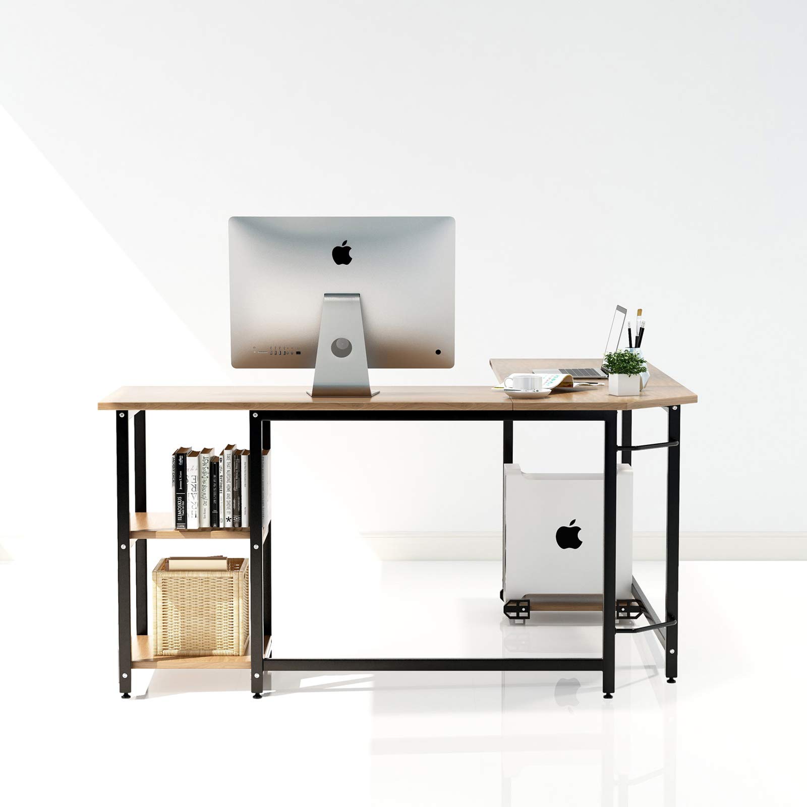 Twomaples L-Shaped Desk with Storage Shelves - Computer Corner Desk for Small Space,Home Gaming Desk Study Writing Table with Bookshelves/CPU Stand Modern Steel Frame Wood Desk Home Office Workstation