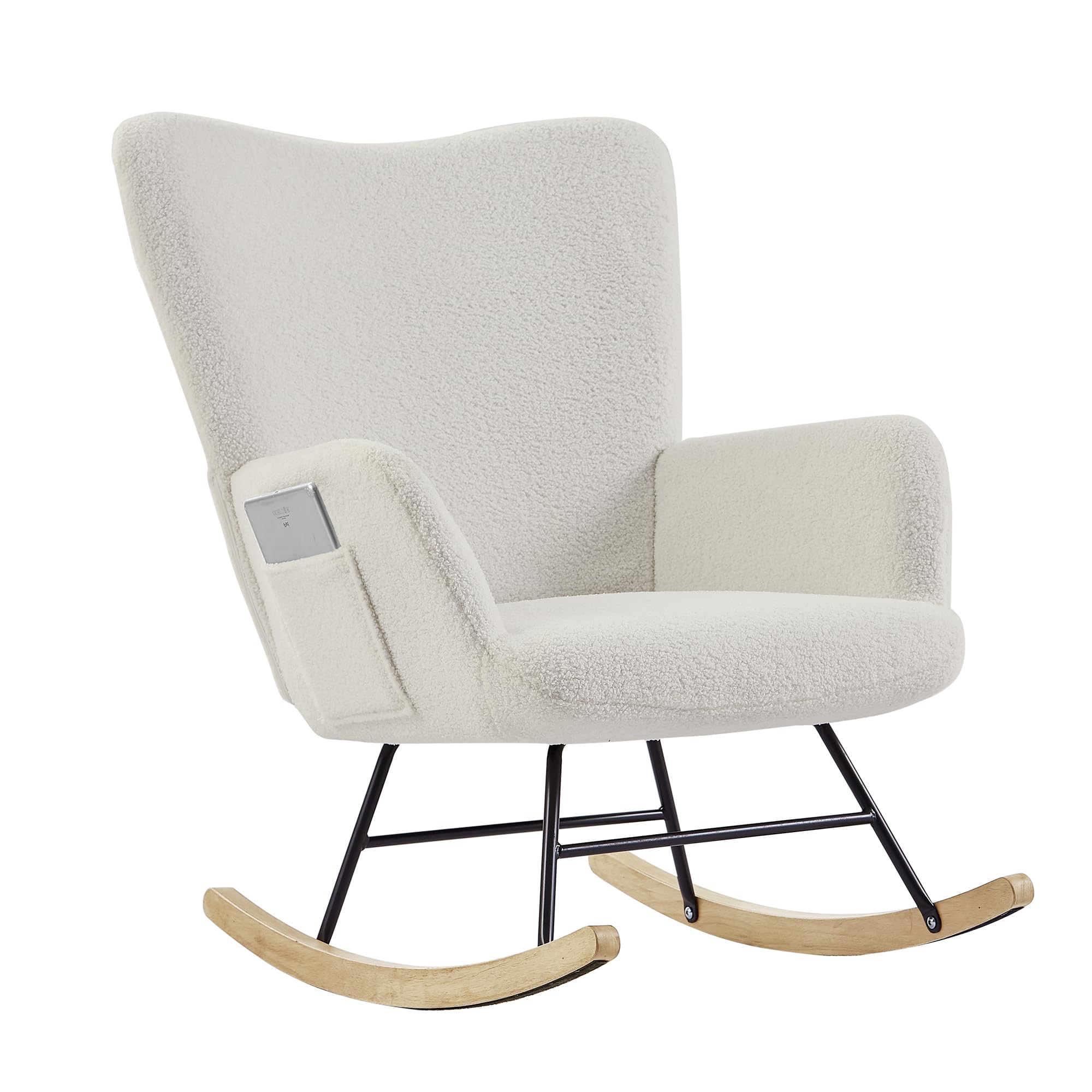VECELO Rocking Chair, Modern Nursery Upholstered Glider Rocker Padded Seat with High Backrest Armchair with Pocket for Living Room, Bedroom, Offices, Balcony, White