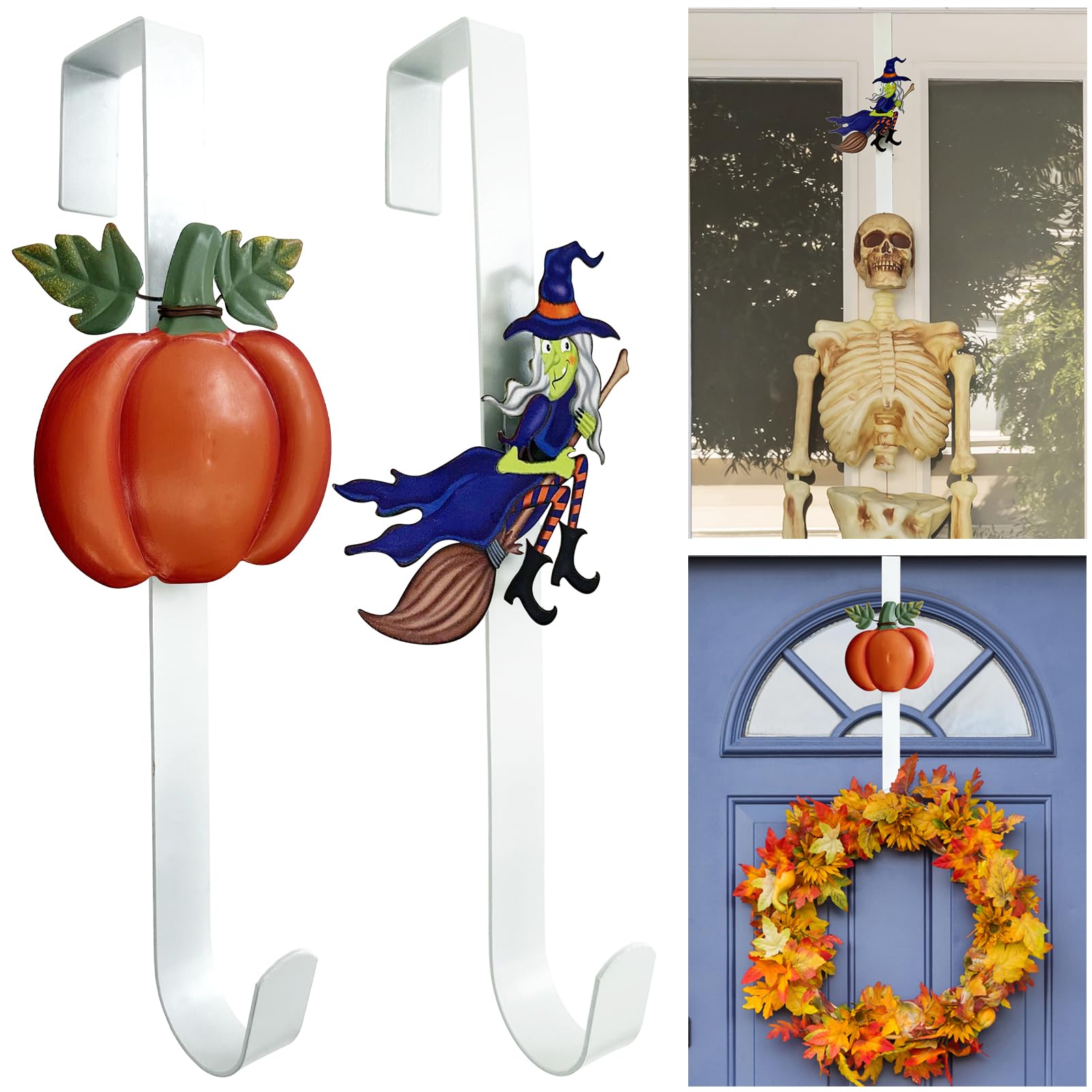 WKHOMEDECO 2 Pack Pumpkin Witch Wreath Hangers for Front Door,Fall Decoration Metal Over The Door Wreath Hanger Ornament,Door Wreath Hanger…