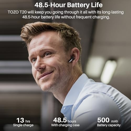 TOZO T20 Wireless Earbuds Bluetooth Headphones 48.5 Hrs Playtime, IPX8 Waterproof, Dual Mic Call Noise Cancelling with Wireless Charging Case Black