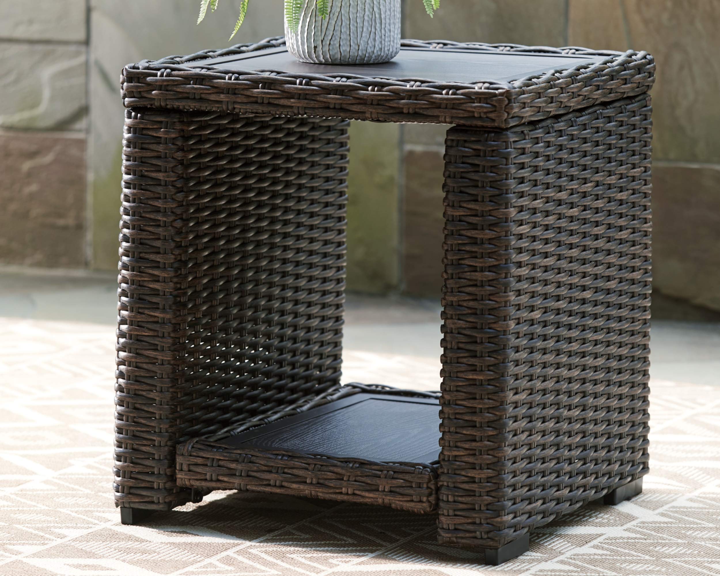 Signature Design by Ashley Paradise Trail Outdoor Patio Sofa with Cushion, 2 Pillows and Square End Table, Brown & Beige
