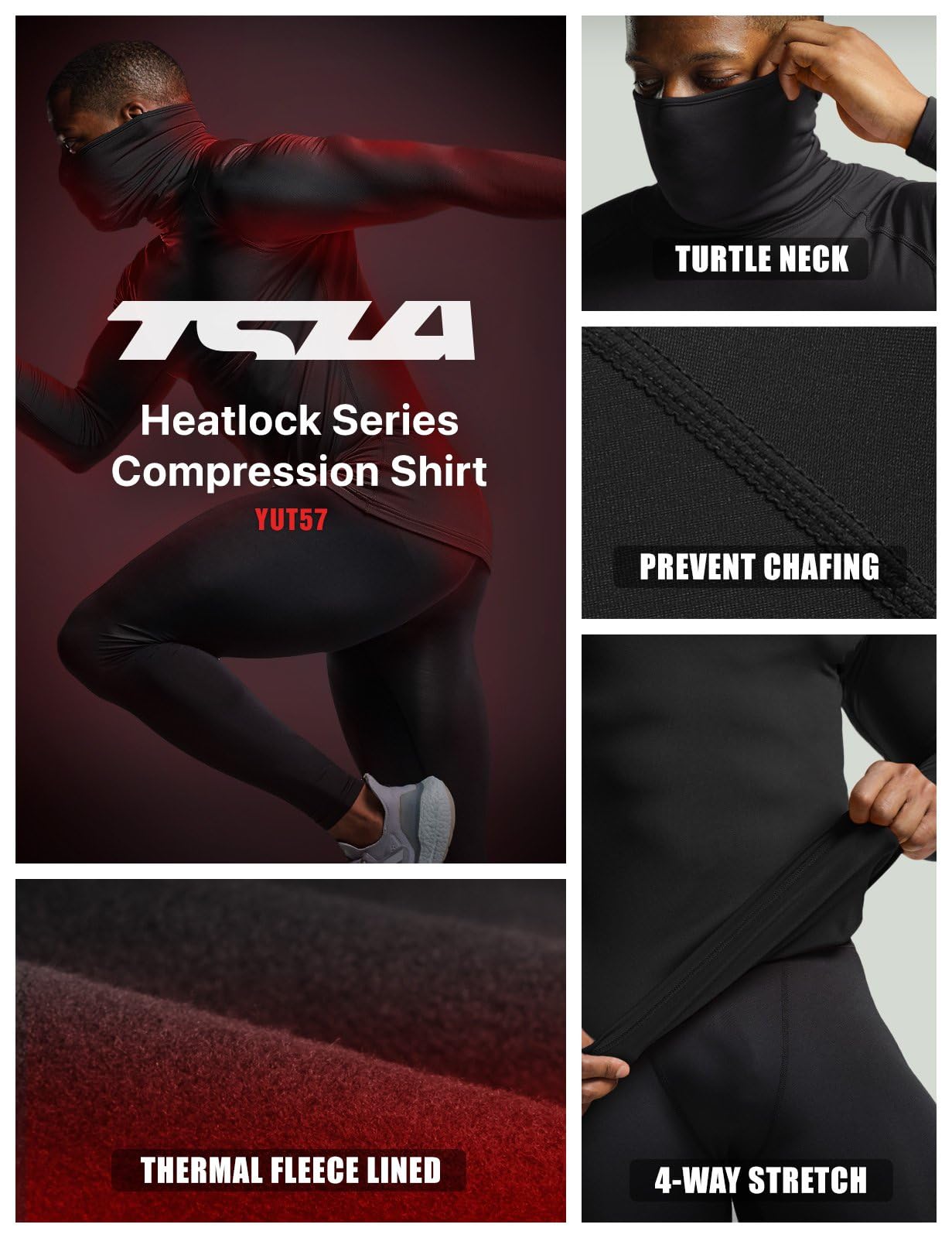 TSLA Men's Thermal Long Sleeve Compression Shirts, Mock/Turtleneck Winter Sports Running Base Layer Top, Heatlock Face Cover Black, Medium