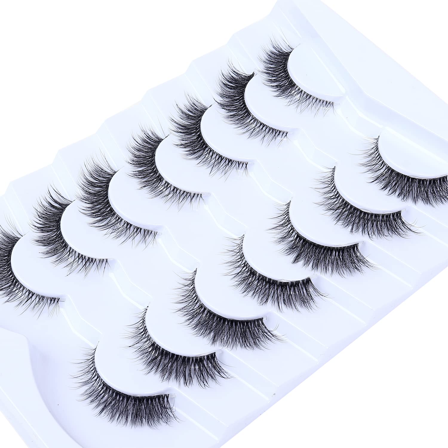 Wleec Beauty Lashes Cat Eye, Short False Eyelashes Natural Look with Clear Band, 12mm Wispy Eye Lashes Fluffy (7 Pairs, Black, CC95)
