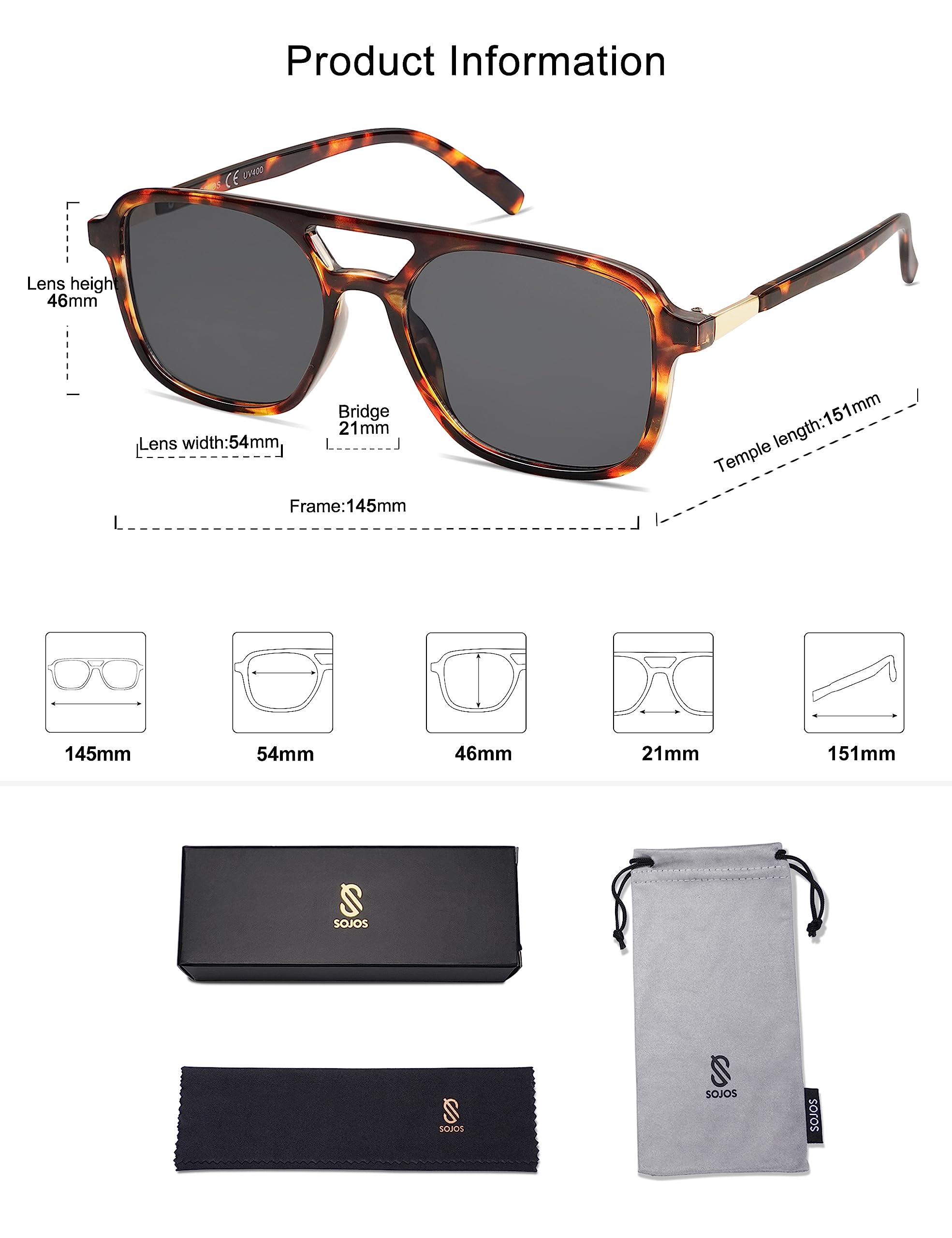 SOJOS Retro Aviator Sunglasses for Women Men,Trendy Rectangle Womens Mens Shades Sun Glasses SJ2202 Tortoise Single Grey