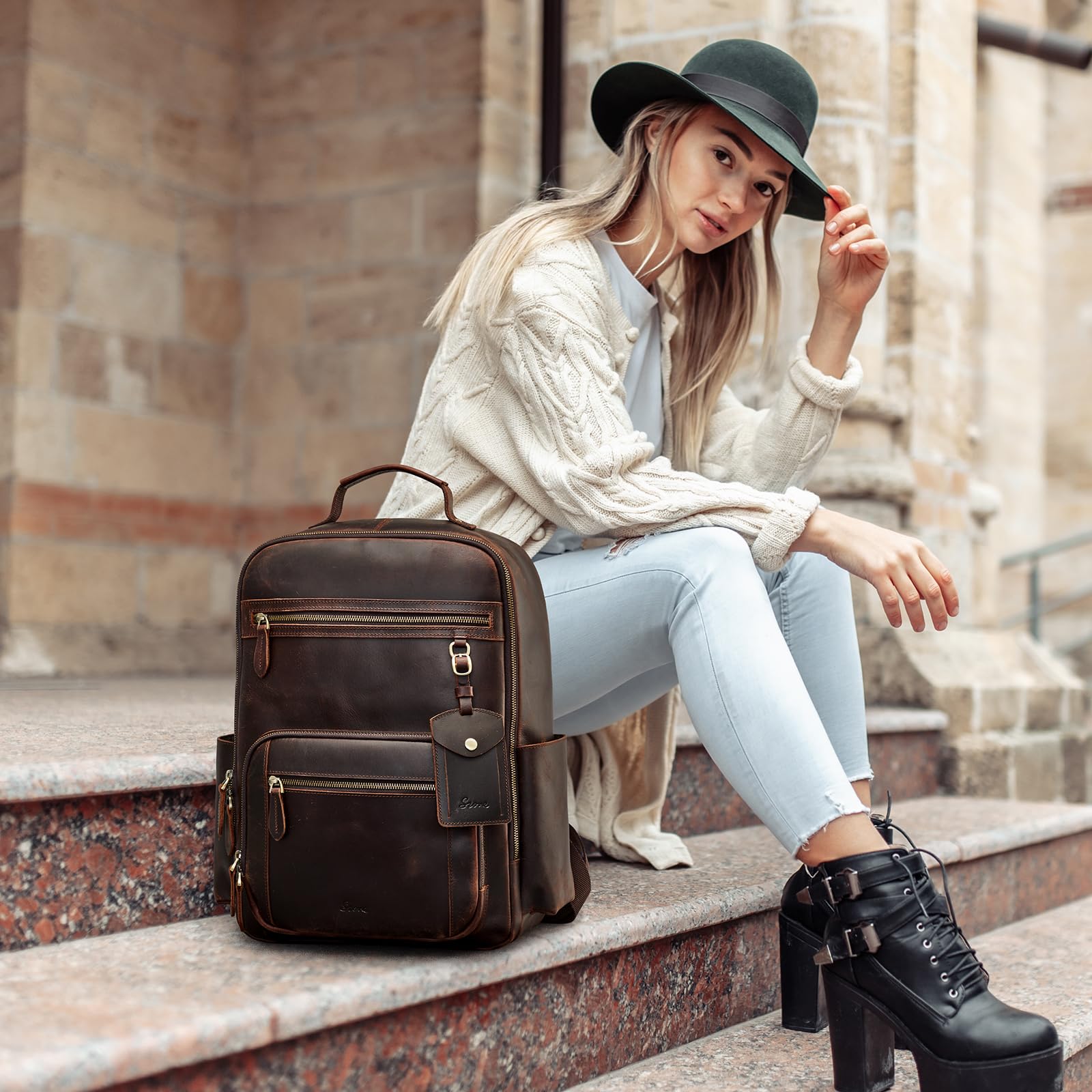 S-ZONE Extra Large Genuine Leather Backpack Purse for Women Men Travel Rucksack Vintage Retro Daypack