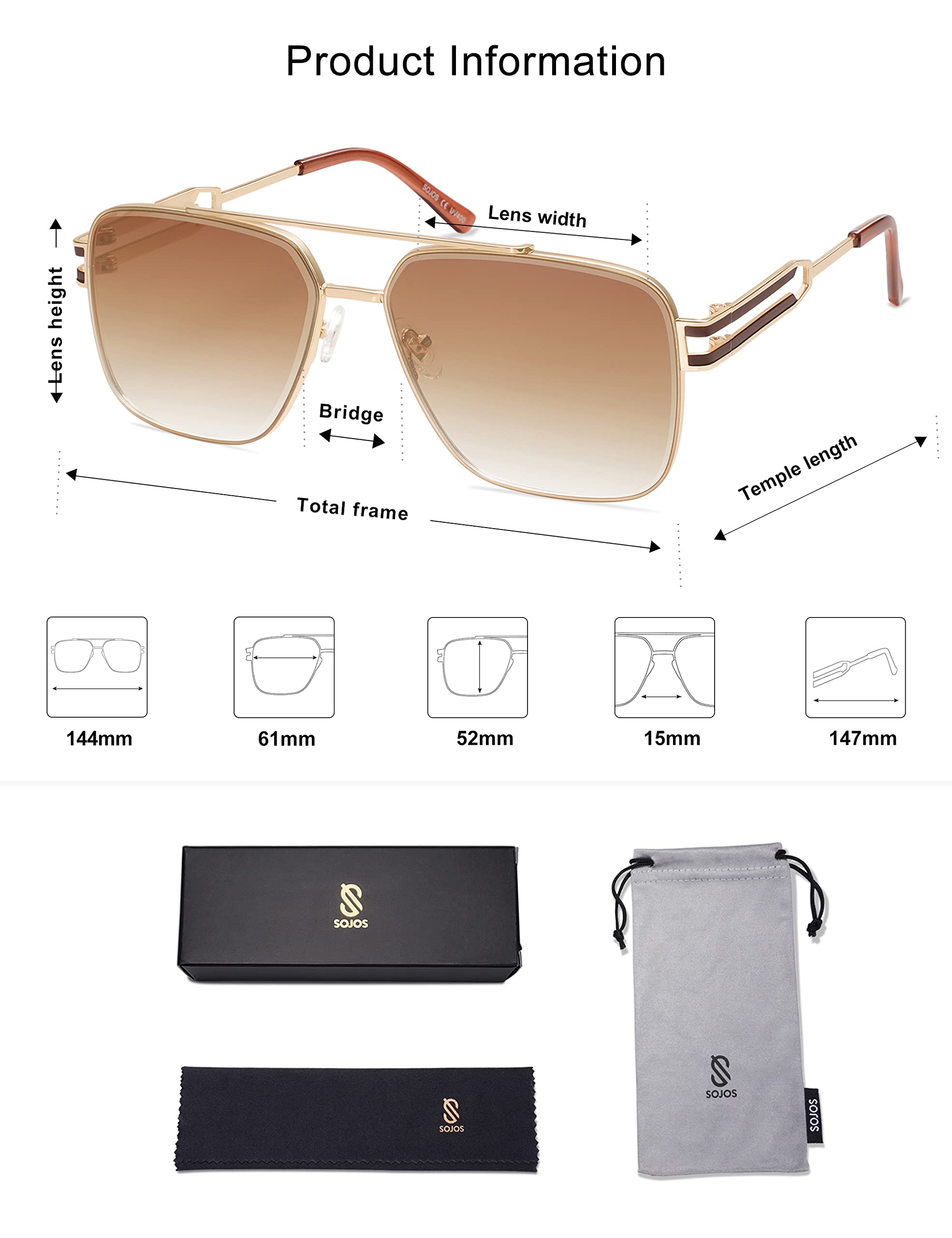 SOJOS Retro Square Metal Frame Unisex Sunglasses with Gold Frame and Brown Lens