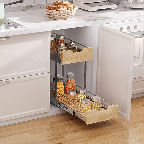 Sikarou Pull Out Cabinet Organizer,Heavy-Duty Slide Out Shelf, Wood And Wire Basket, Pull Out Drawer for for Kitchen Under Sink Space, Pantry, Bathroom, 2 Tie 14 * 21 IN
