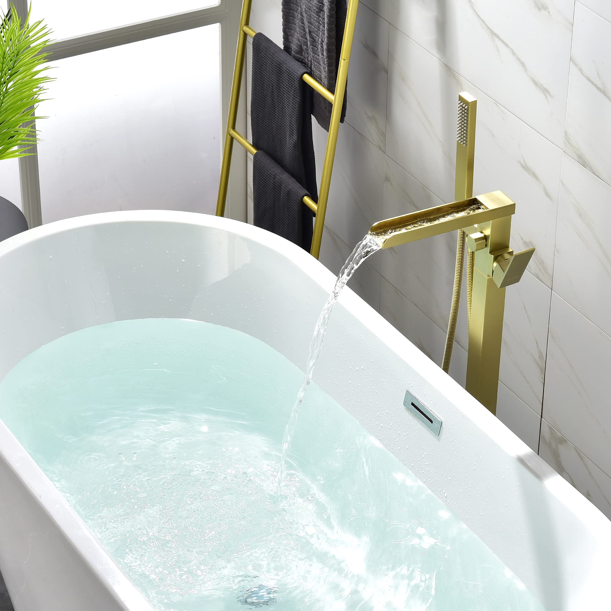 SHAMANDA Luxury Freestanding Bathtub Faucet Single Handle Waterfall Tub Filler with Handheld Shower Brushed Gold, Floor Mounted, FL701-3