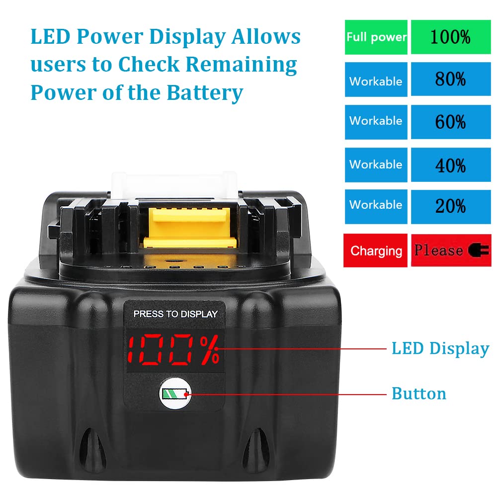 TENMOER 2-Pack 18V 6.0Ah BL1860 Replacement Battery Compatible with Makita 18V BL1830B BL1860B BL1840B BL1815 with Digital Indicator