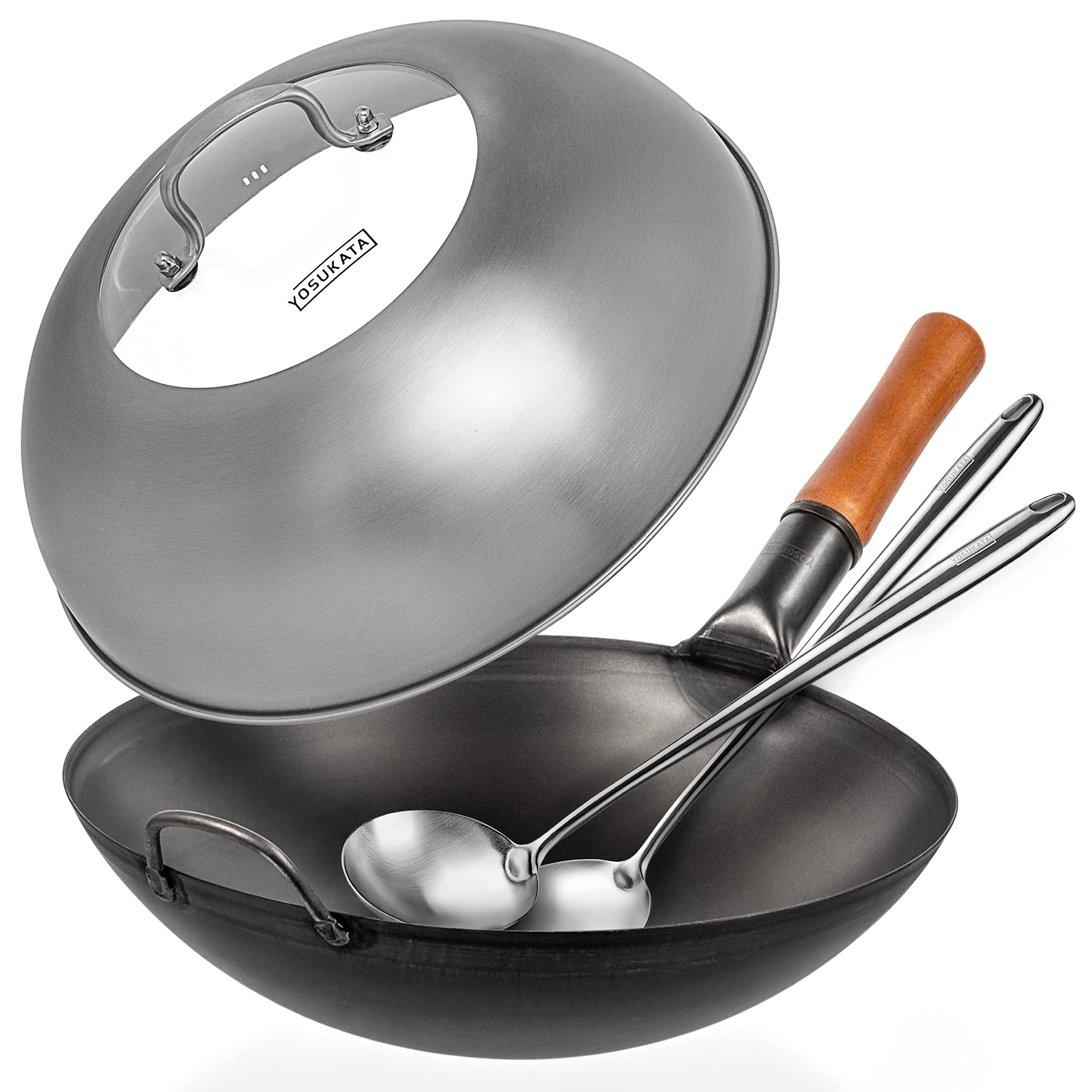 YOSUKATA Carbon Steel Wok Pan - 14 ā Woks and Stir Fry Pans With Wok Lid 13.6 Inch - Premium Stainless Wok Cover with Tempered Glass Insert Steam Holes +17āā Wok Spatula and Ladle