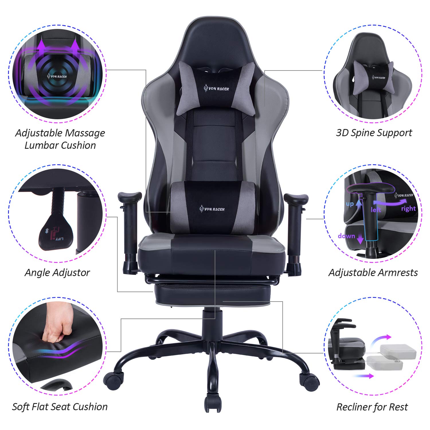VON RACER Massage Gaming Chair - High Back Racing PC Computer Desk Office Chair Swivel Ergonomic Executive Leather Chair with Footrest and Adjustable Armrests, Gray/Black