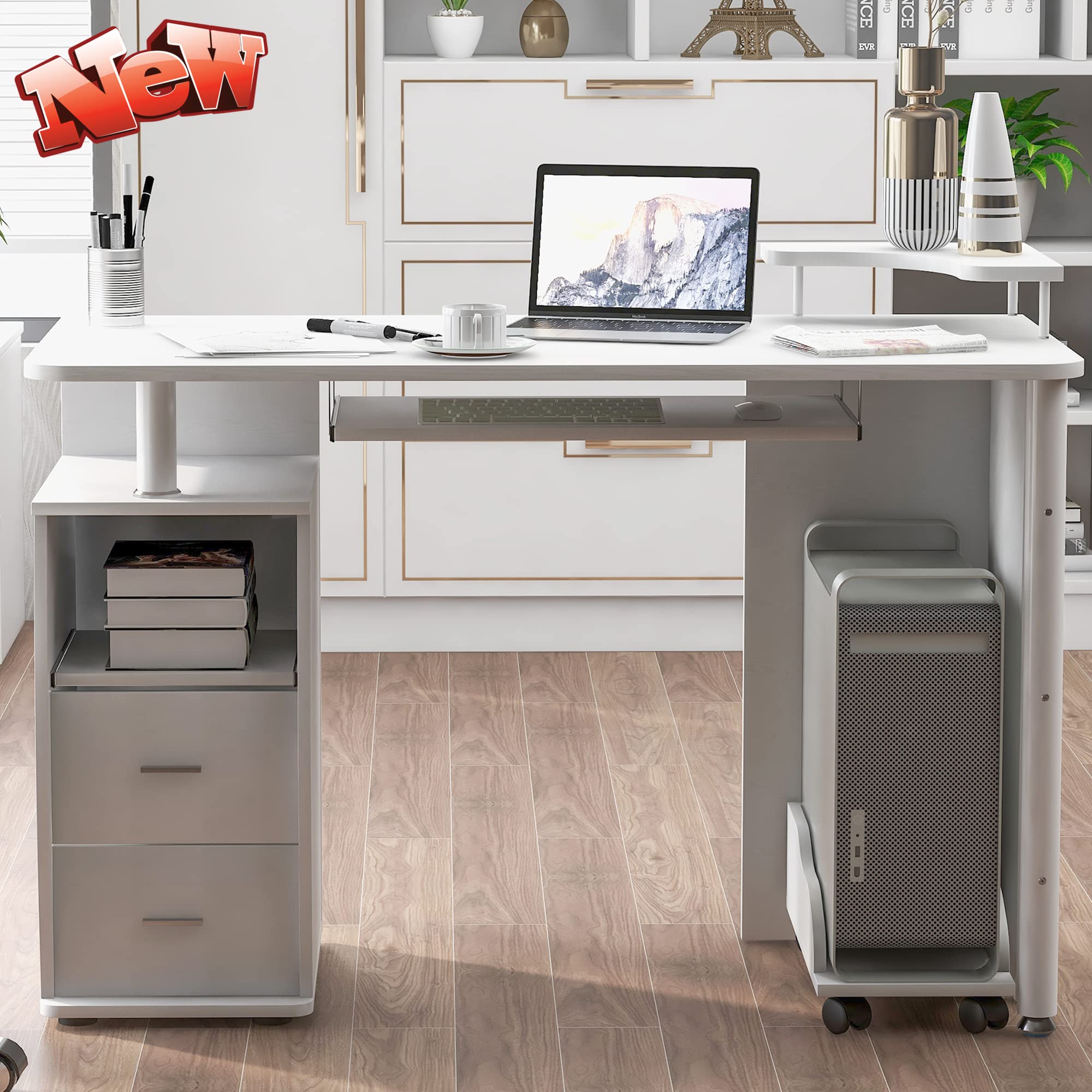 TenouvosĀ Best Computer Desk Writing Study Desk,Modern Style Home Office Desk,Laptop PC Table Workstation with 2 Drawers,CPU Pedestal,Shelf and Pull-Out Keyboard Tray,Quick Assembly (White)