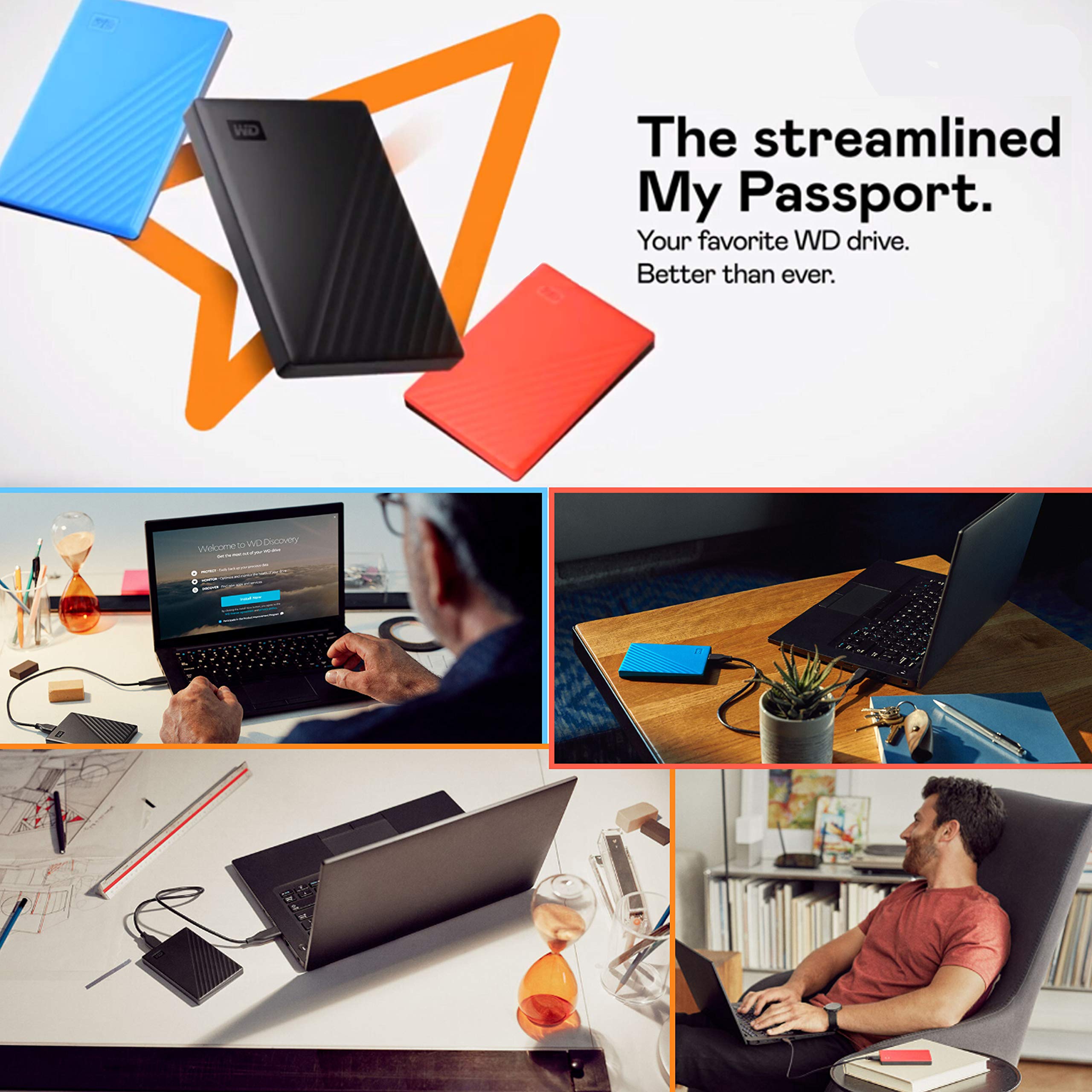 WD 4TB My Passport USB 3.0 Gen 1 Slim Portable External Hard Drive (2019, Black) + Compact Hard Drive Case (Black) (4TB, Black)