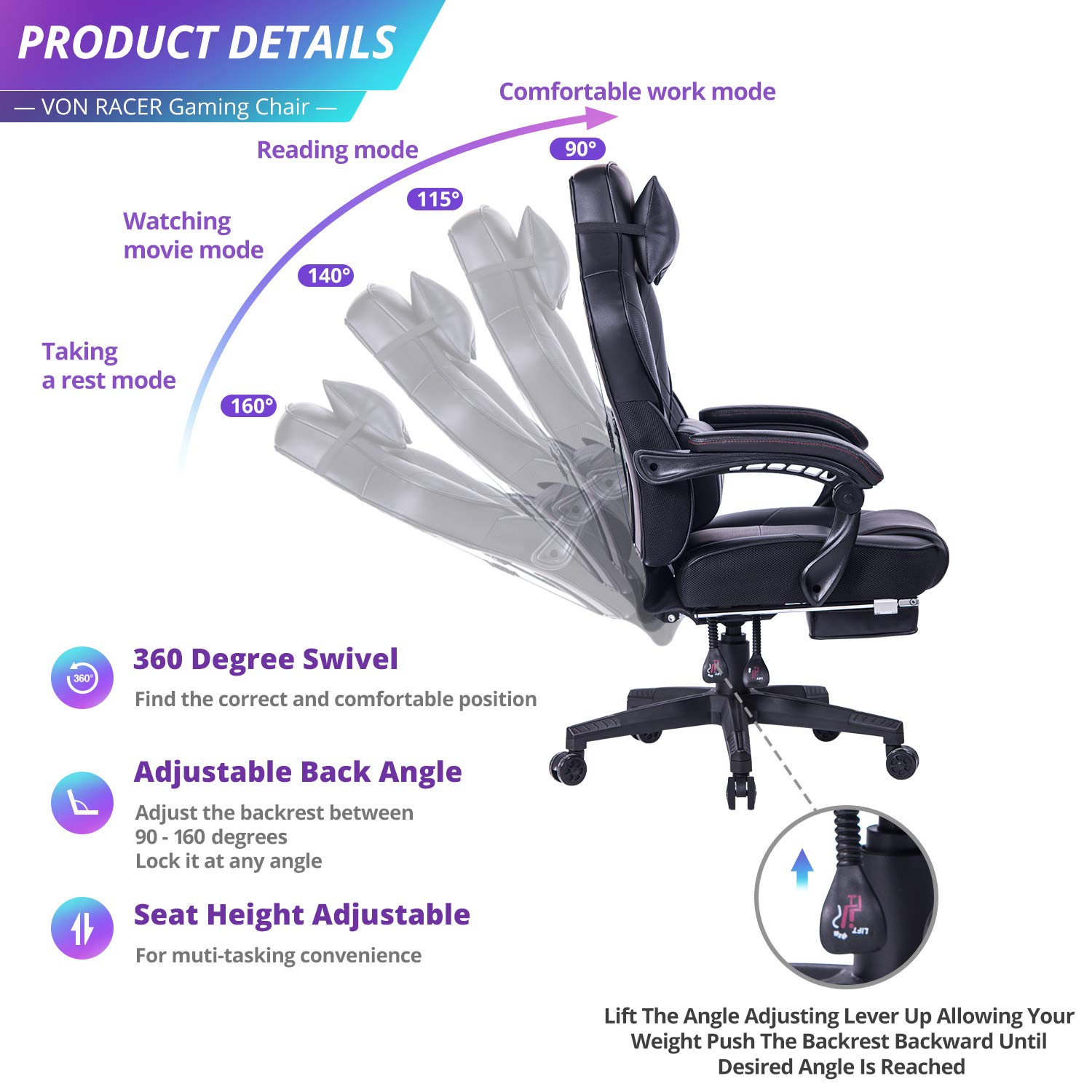 VON Racer Reclining Gaming Chair with Massager, Ergonomic High-Back Racing Computer Desk Office Chair Footrest Lumbar Cushion