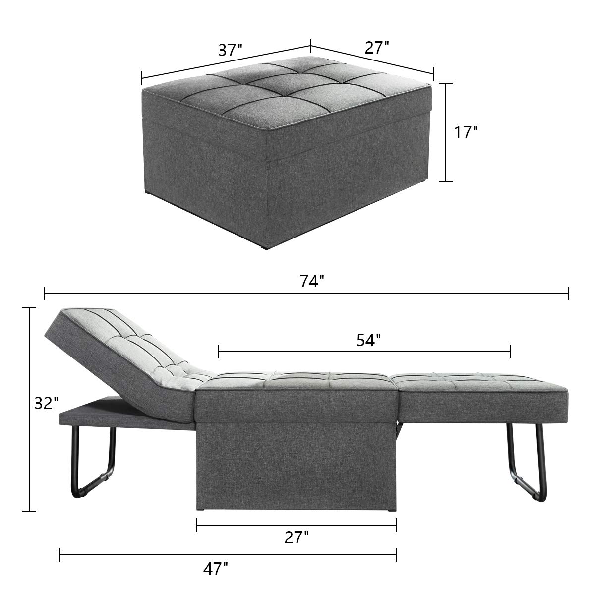 Vonanda Ottoman Folding Chair Bed, Modern Velvet Sleeper Sofa Multi-Position Convertible Couch Lounger Guest Bed with Pillow for Small Space, Velvet Gray