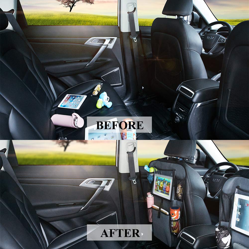 Vondertech Backseat Car Organizer, Car seat Protector Kids Kick Mats Storage Bag fit for 10" IPad +5 Pockets for Baby Auto Travel (Gray 1 Pack)