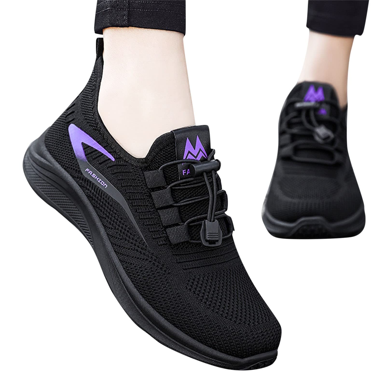 Womens Fashion Sneakers Mesh Breathable Elastic Adjustable Slip-On Running Shoes Durable Casual Non Slip Low Top Tennis Shoes,Black,7