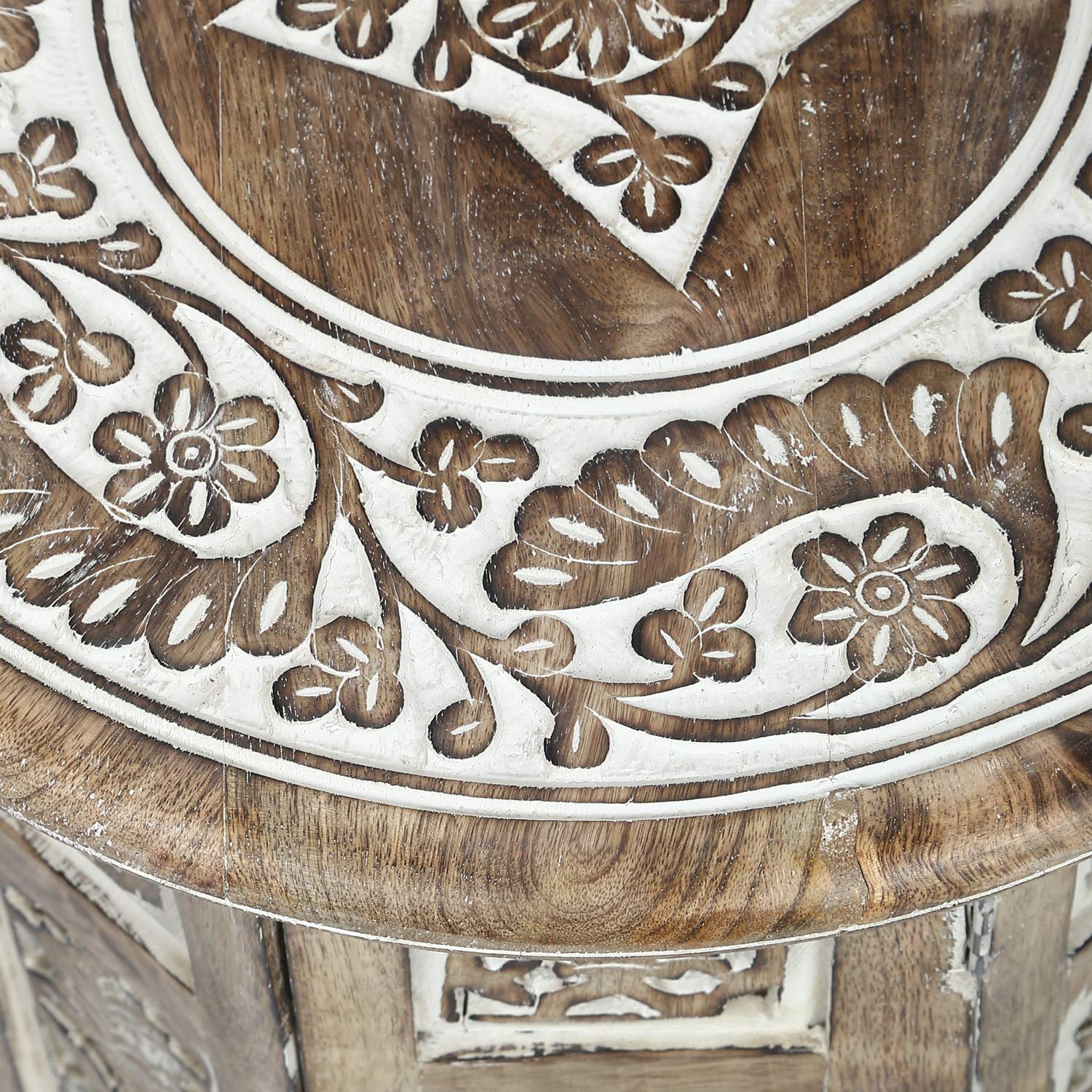 SAVON Small Rustic Wood Table Round White Side end Carved Indian Coffee Accent