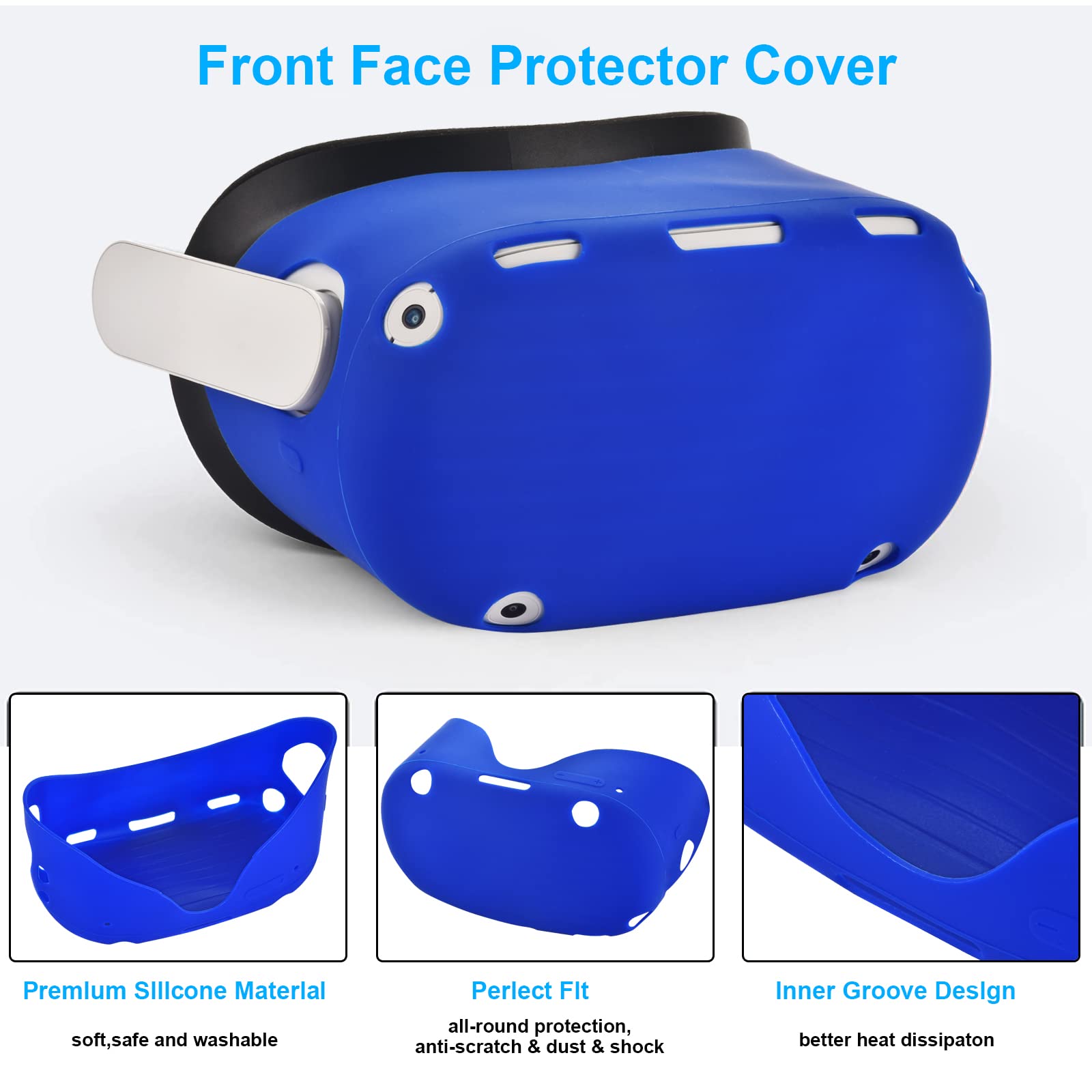 Silicone Controller Grip for Oculus Quest 2 Accessories, with VR Headset Lens Cleaning Pen, Thumb Button Cap,Protective Lens Cover, Silicone Face Cover Sweat Guard Anti-Leakage Pad (blue)