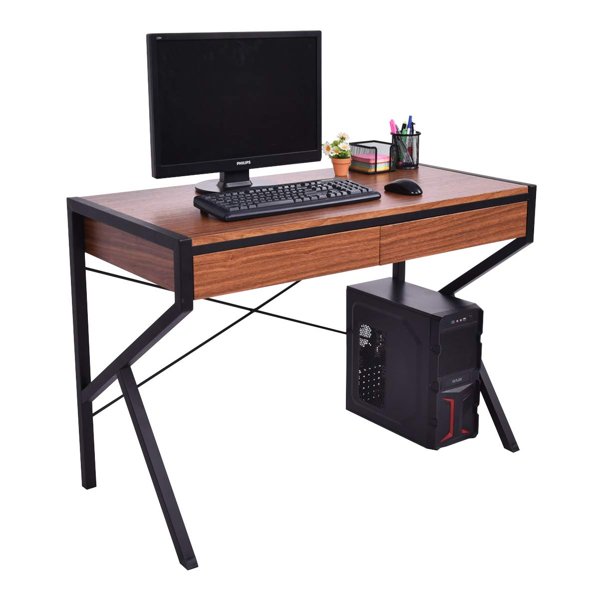 Tangkula Computer Desk, PC Laptop Desk Modern Simple Style Study Writing Table, Home Furniture Office Workstation with Storage Drawers (Wood)