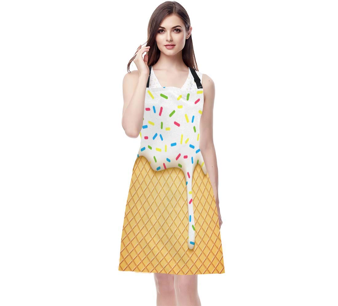 WONDERTIFY Ice Cream Apron,Cartoon Ice Cream Cone with Dripping White Glaze and Wafer Texture Bib Apron with Adjustable Neck for Men Women,Suitable for Home Kitchen Cooking Waitress Chef Grill Apron