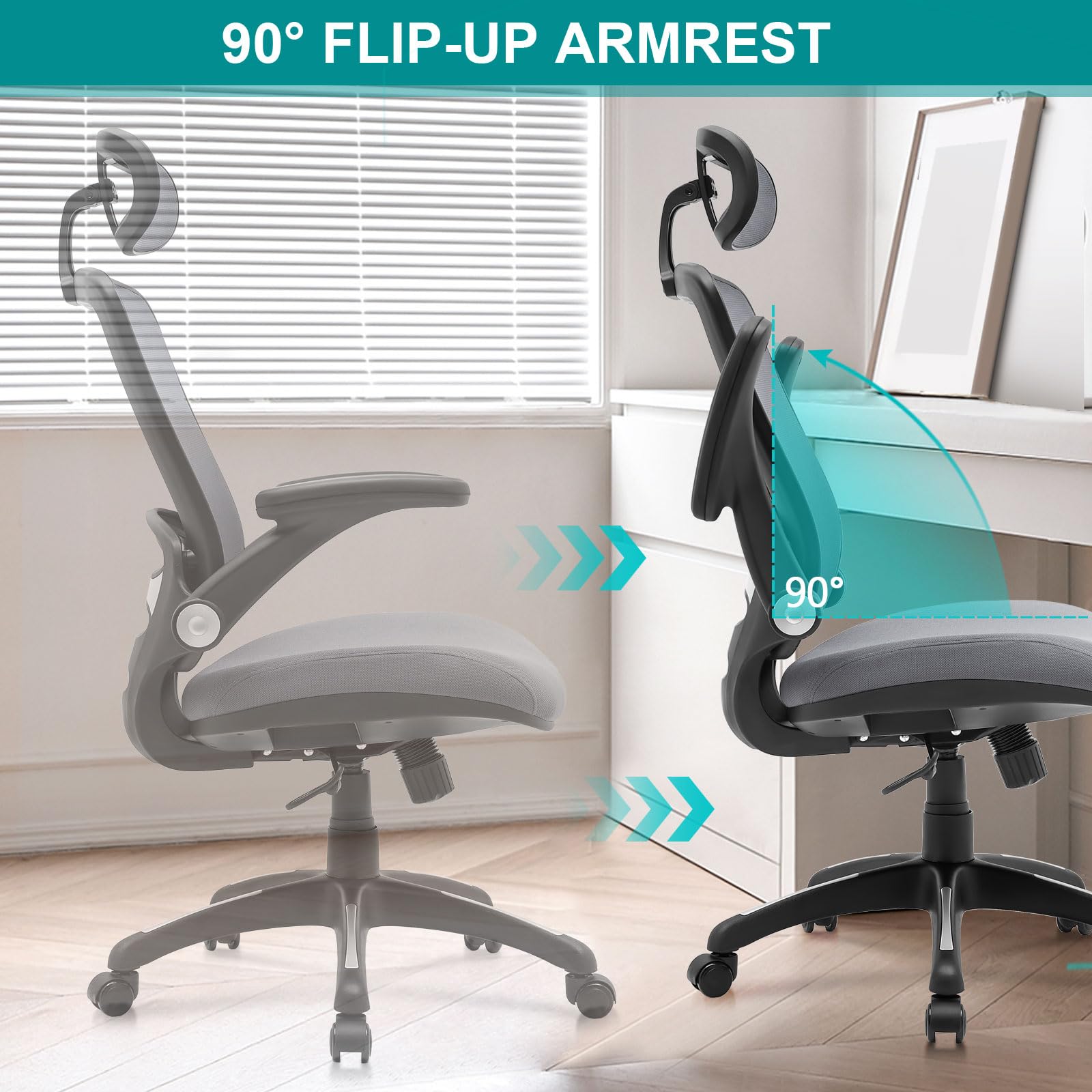 RYDESIGN Ergonomic Office Chair for Heavy People 350lbs,Mesh Office Chair with Flip-Up Arms and Thickened Cushion Desk Chair with Headrest Adjustable Height 135°Tilt Function for Home Office(Grey)