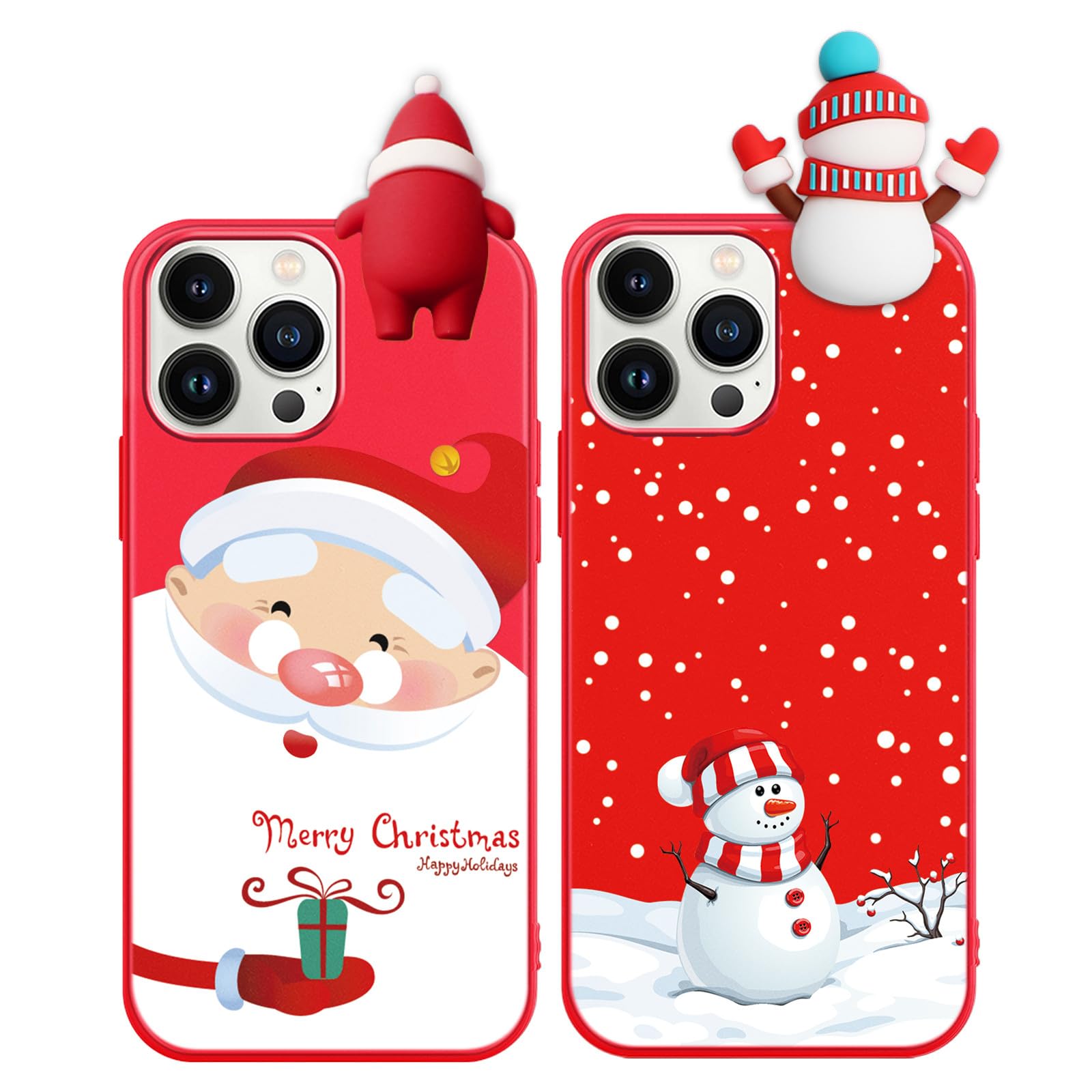 RUMDEY 2 Pack Cute Christmas Case for iPhone 13 Pro MaxInch,Red 3D Doll Snowman Elk Merry Christmas Pattern Soft Silicone TPU Pretty Flexible Protective Funda for Kid Girls Women