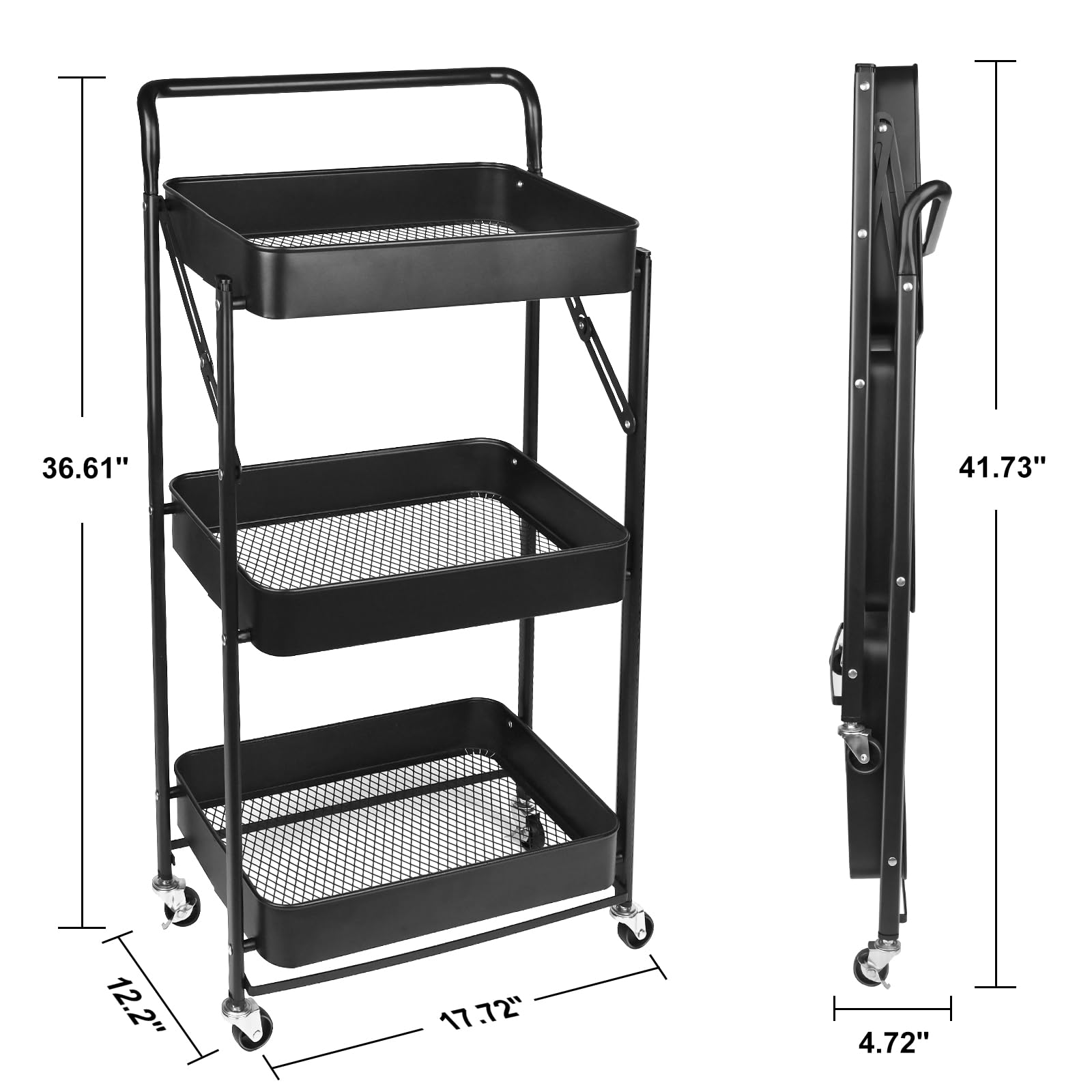 SAglorb 3 Tier Foldable Metal Utility Cart Organizer with Wheels, Folding Rolling Cart Collapsible Rolling Storage Cart for Laundry Room, Office, Kitchen (Black)