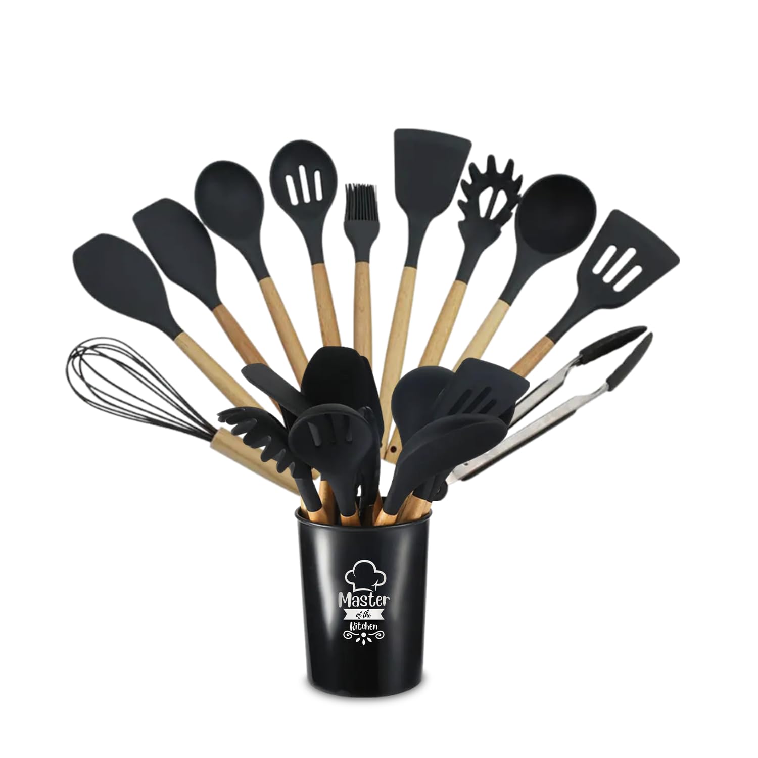 Silicone Cooking Set, 12 pcs Kitchen Utensils Set, Wooden Handle, Bucket Storage, High-Temperature Resistance, Scratch-Free, Cooking Spoons for Nonstick, Best Kitchen Tools, 1st Apartment Kitchen