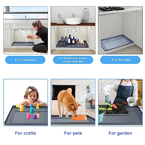 Under Sink Mats for Kitchen Waterproof, 34" X 22" Or Smaller Cut to Fit Under Sink Drip Tray for Kitchen Bathroom Cabinets, Silicone Sink Liner Hold Up to 3.3 Gallons Liquid - Dark Grey