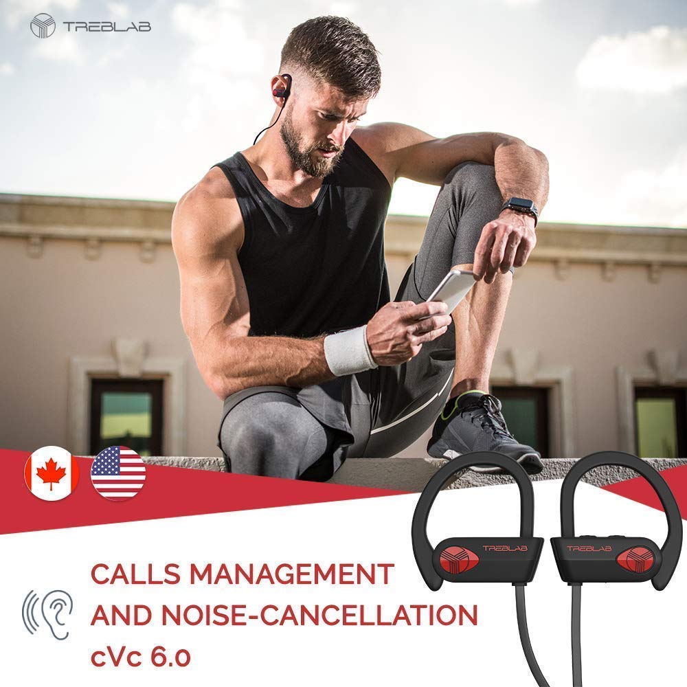 TREBLAB XR500 Bluetooth Headphones. 2018 Updated Version. IPX7 Waterproof, Sweatproof, Secure-Fit Headset. Noise Cancelling Earphones w/ Mic (Renewed)