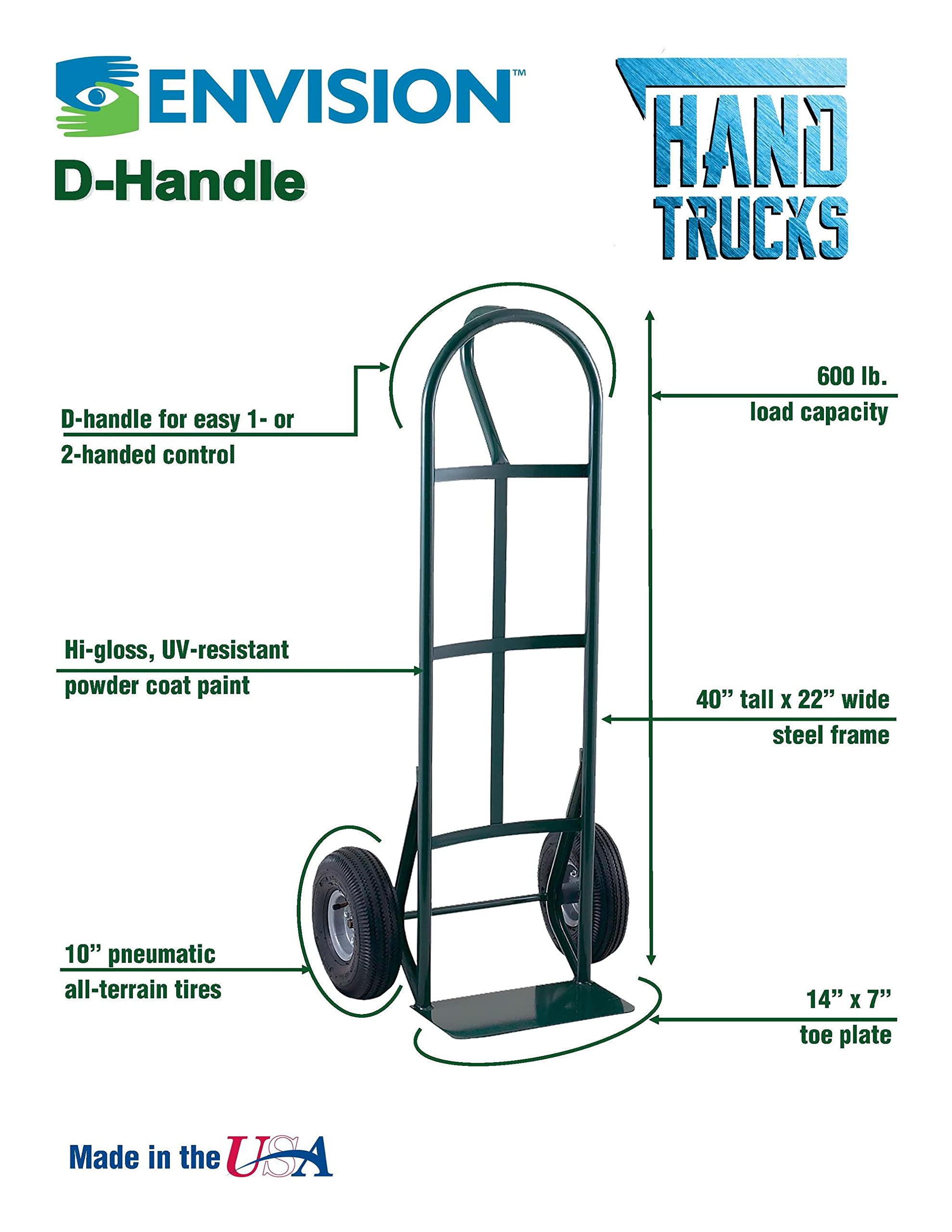 Stout ENV-DH800-HT Heavy Duty Commercial Steel Hand Truck, D-Handle, 600 Lb. Capacity, 10" Pneumatic Wheel, Green