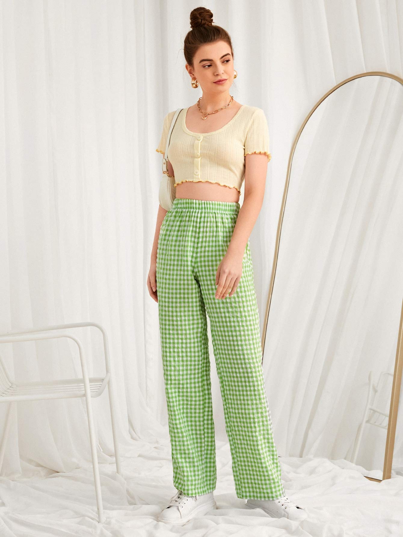 SOLY HUX Women's Casual Gingham Relaxed Fit Elastic High Waisted Straight Wide Leg Y2K Trousers Pants Lime Green M