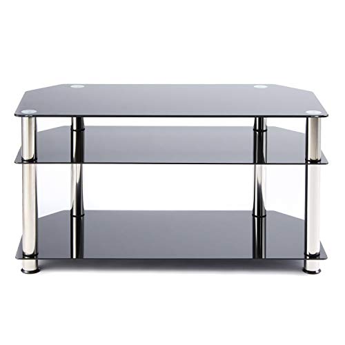 TAVR Black Tempered Glass Corner TV Stand Cable Management Suit for up to 46 inch Plasma LCD LED OLED Flat or Curved Screen TVs,3-Tier Gaming Consoles Media Component,Chrome Legs