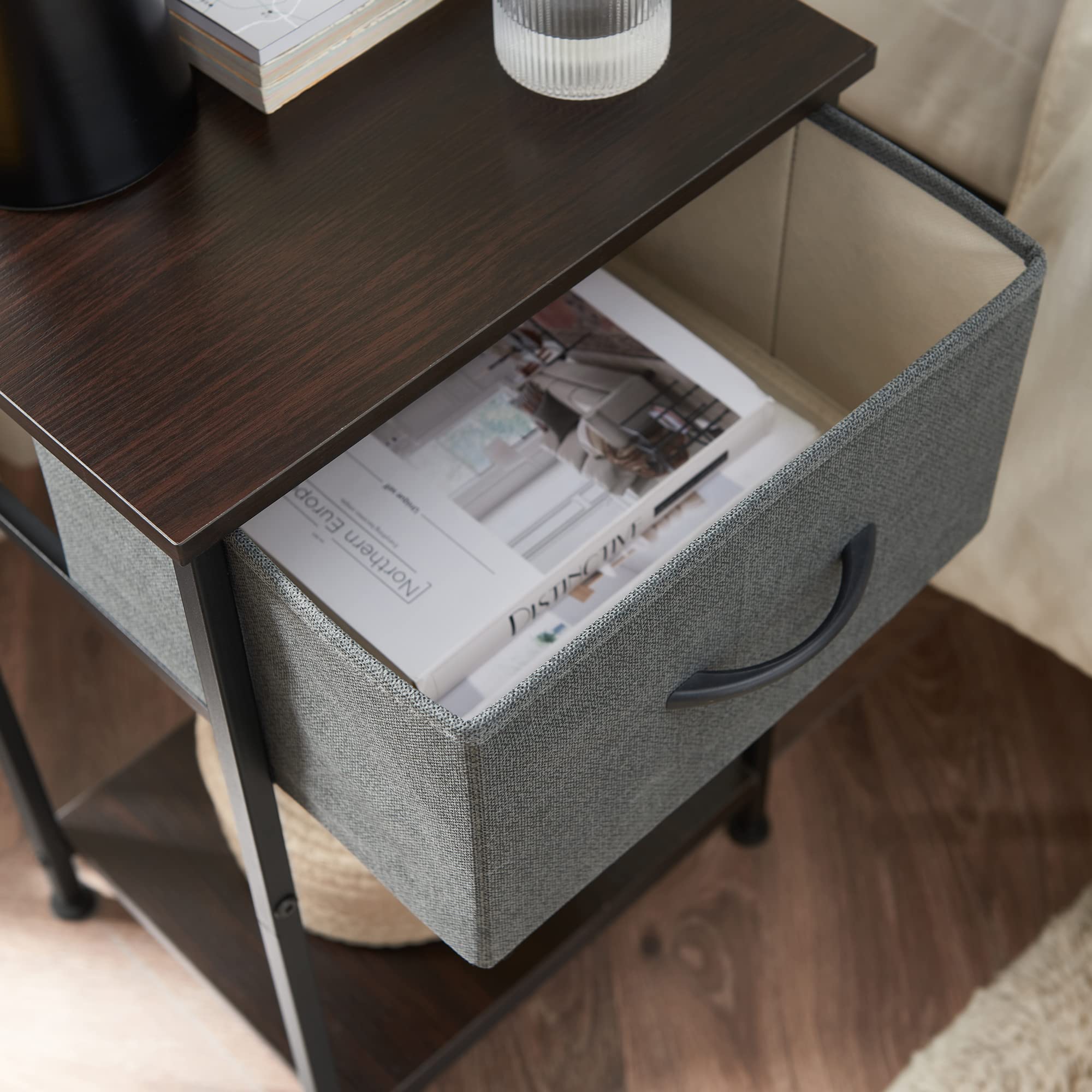 Somdot Nightstand Set of 2, Bedside Table End Table for Bedroom Dorm Nursery Living Room - Removable Fabric Drawer, Open Storage Shelf, Sturdy Steel Frame, Durable Wood Top - Black