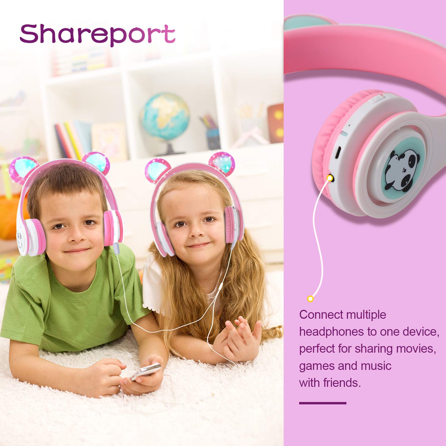 Woice Kids Wireless Headphones, Bluetooth Headphones 85dB Volume Limiting, LED Lights & Music Sharing Function, Girls Boys Wireless/Wired Headphones Over Ear with Mic Pink