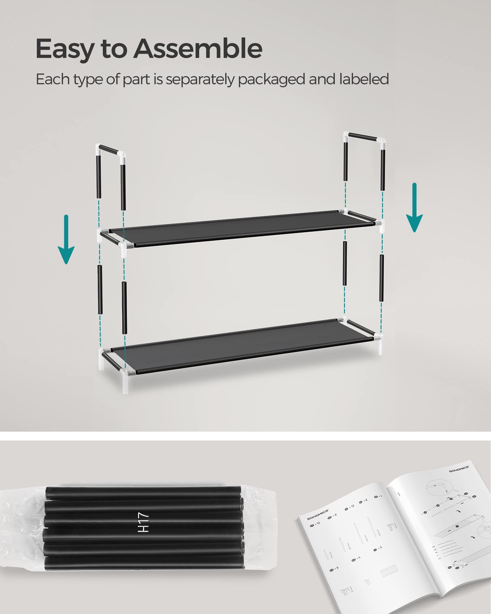 SONGMICS 2-Tier Shoe Rack with Shelves for Closet Entryway, Black ULSH052B01
